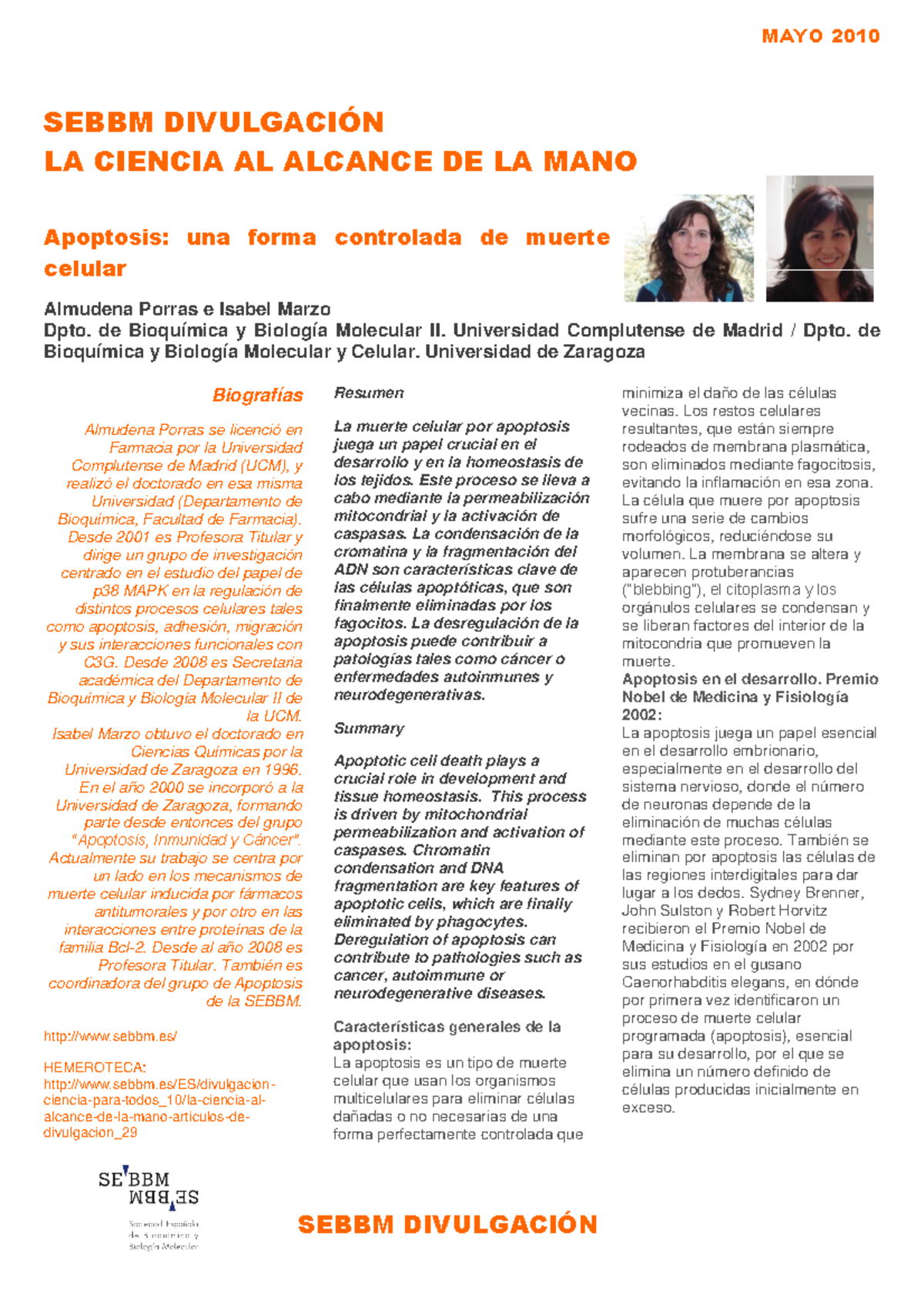 Mayo2010 almudenaporrasisabelmarzo - MAYO 2010 SEBBM DIVULGACI”N SEBBM DIVULGACI”N LA CIENCIA AL ...