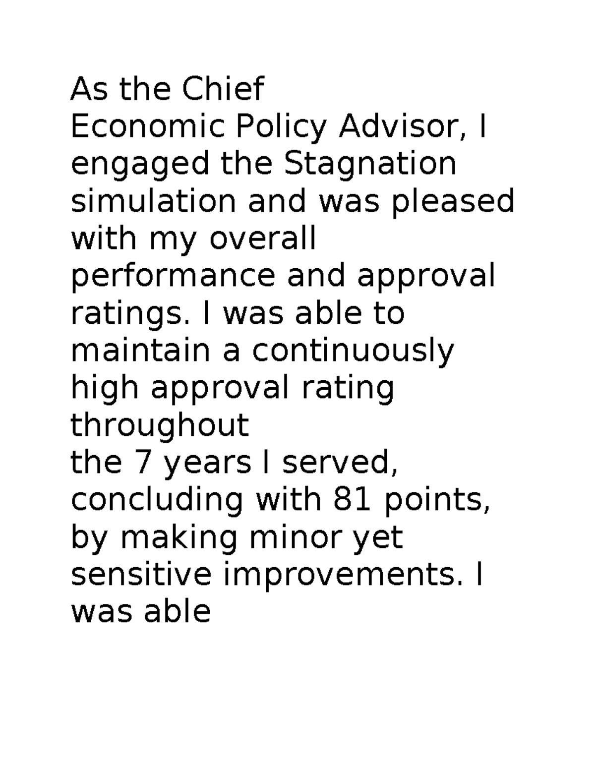 As the Chief Economic Policy Advisor - Performance Review - As the ...