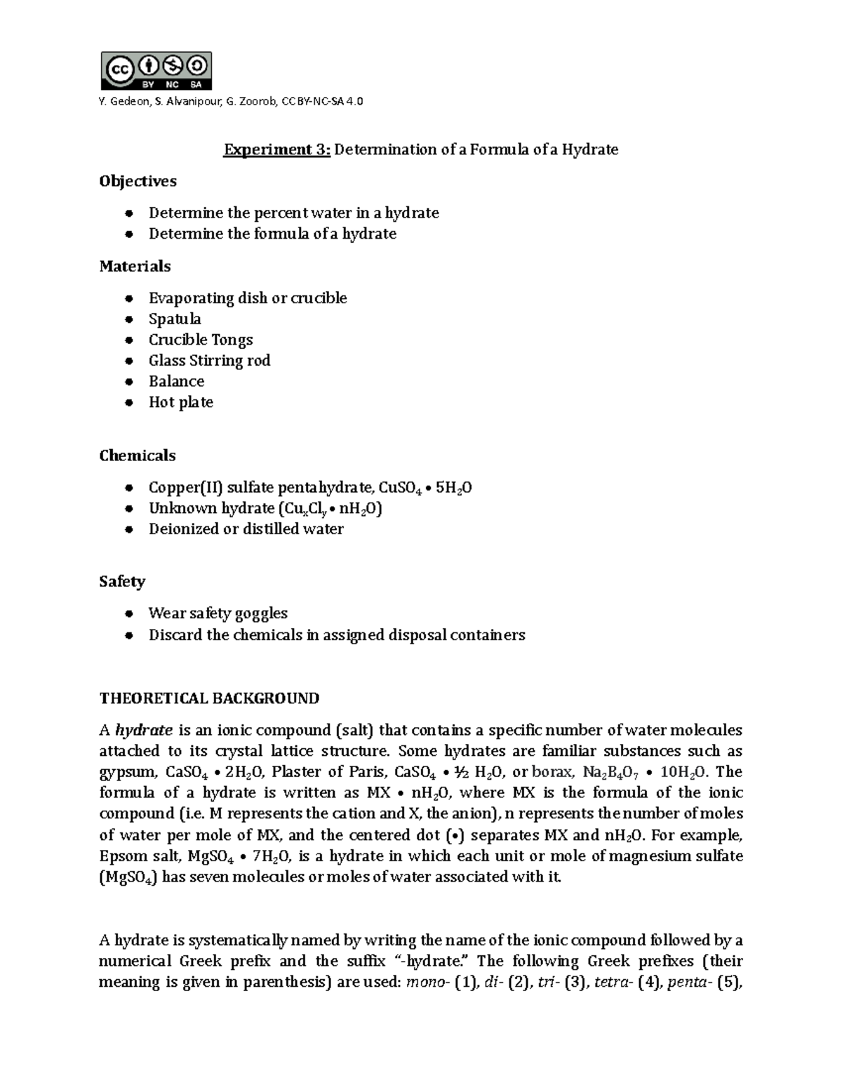 Experiment 3 - Determination of formula of hydrate - Experiment 3: Determination of a Formula of ...