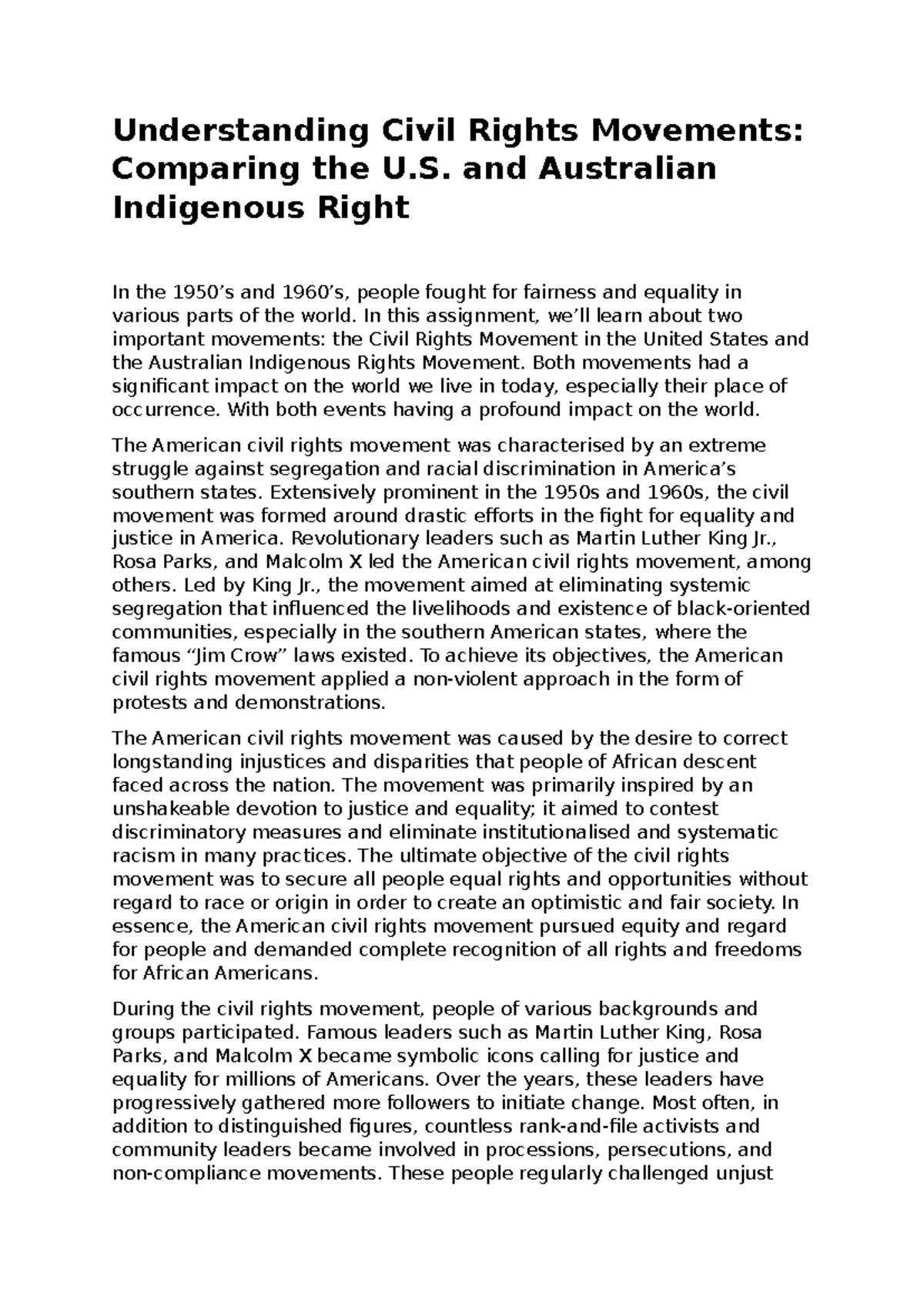 History Essay - Understanding Civil Rights Movements: Comparing the U ...