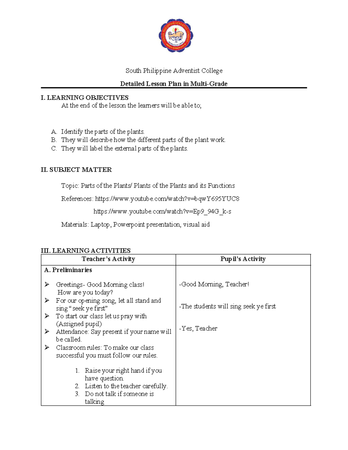 Multi Grade Lesson Plan Final output - South Philippine Adventist ...