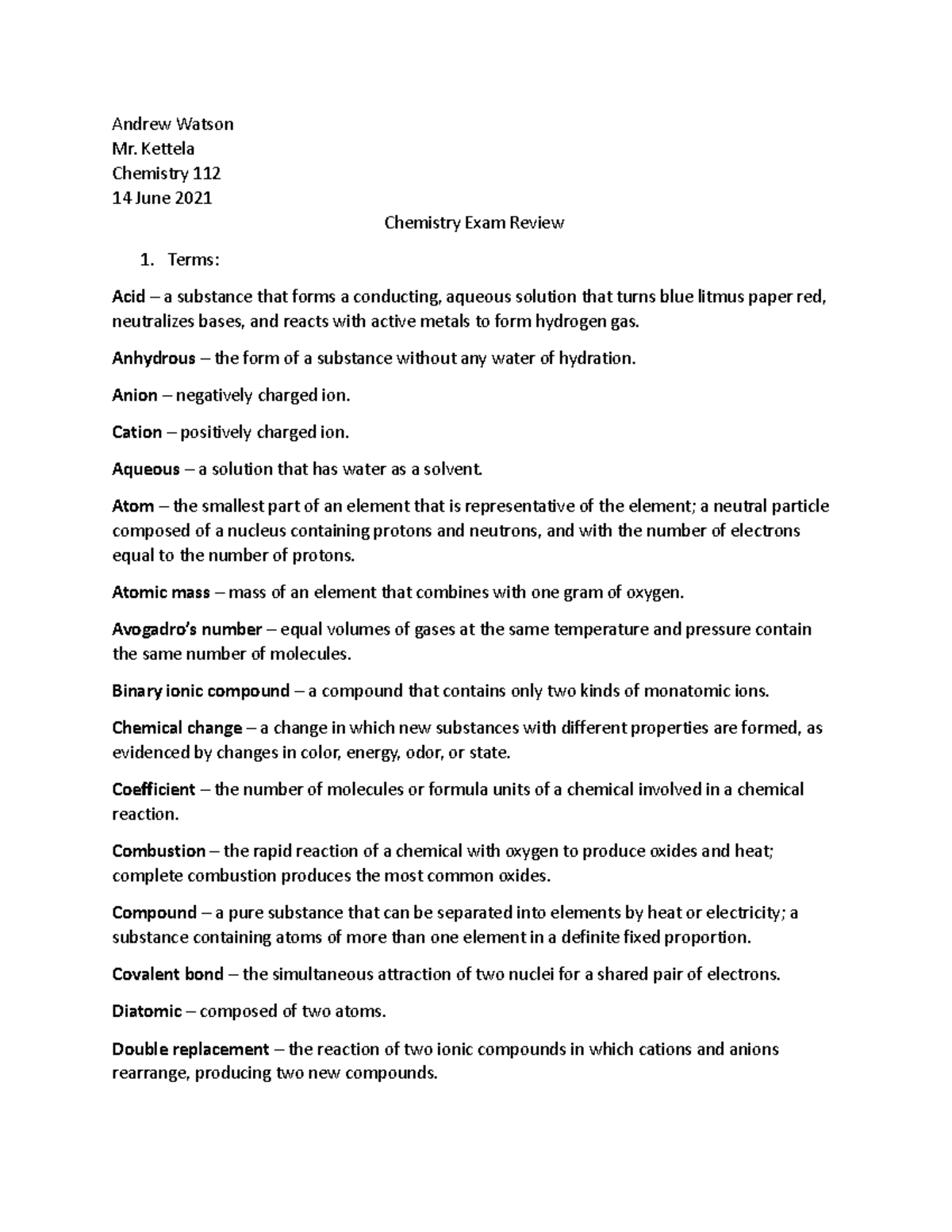 Chemistry Exam Review - Biology - Andrew Watson Mr. Kettela Chemistry ...