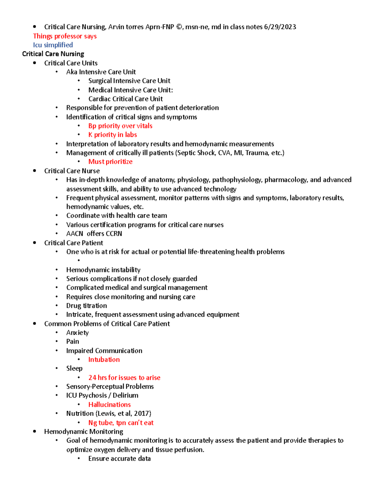 Critical Care Nursing 6.29.23 in class notes - Critical Care Nursing ...