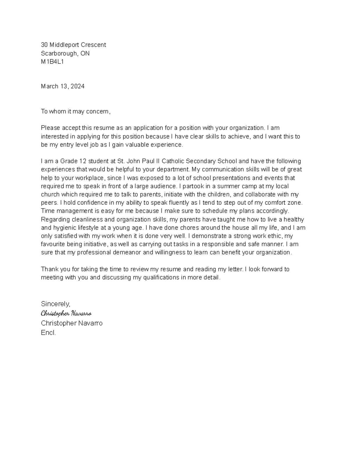 Cover Letter - yes - 30 Middleport Crescent Scarborough, ON M1B4L March ...