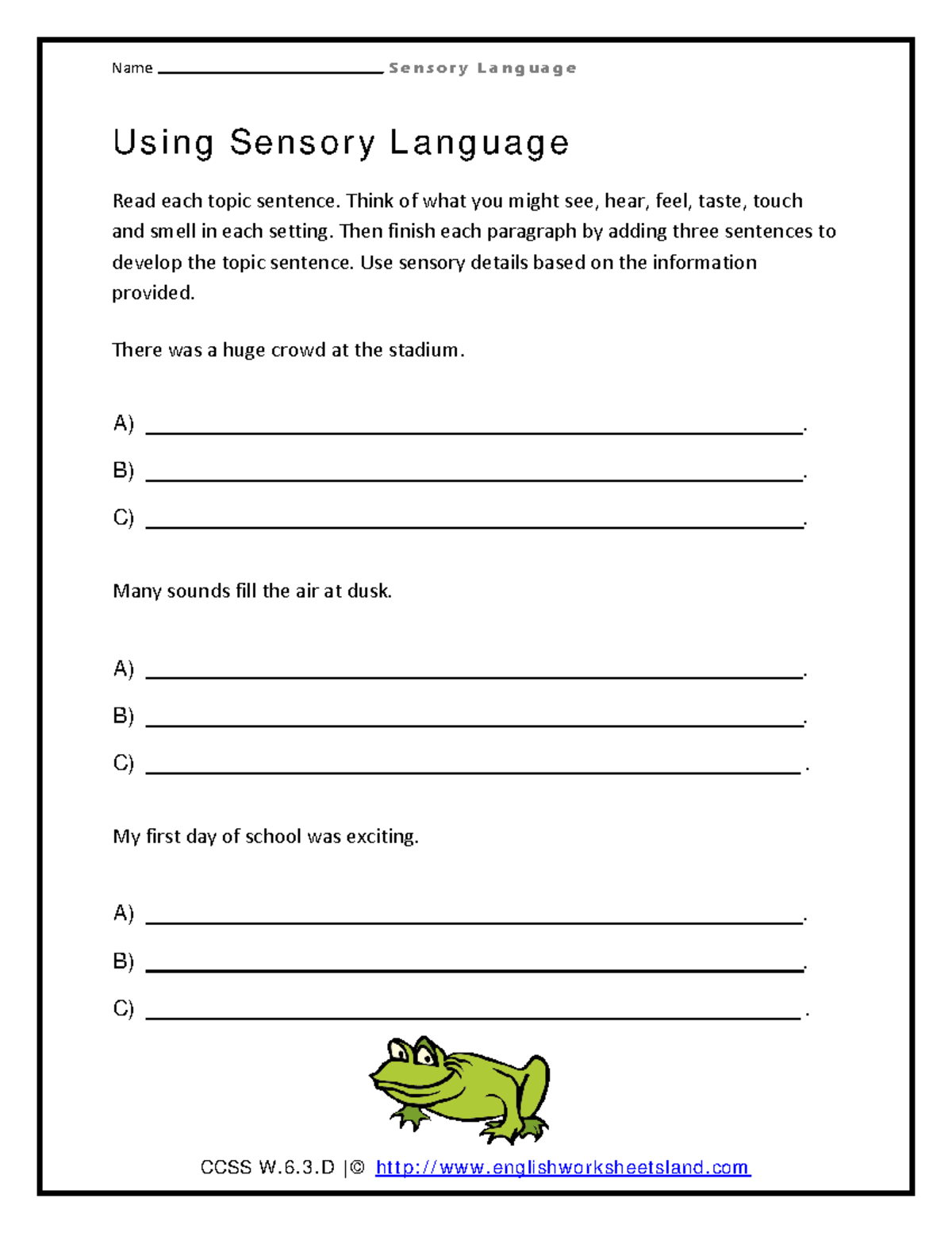 Sense 2 - Creative Writing Sensory Details Worksheet - Name S e n s o r ...
