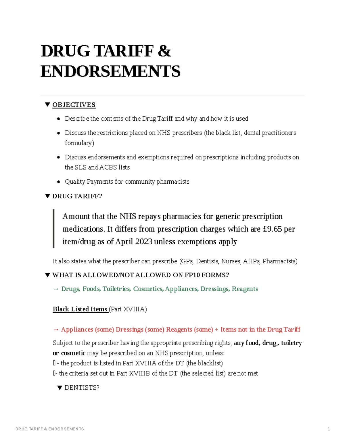 DRUG Tariff - DRUG TARIFF & ENDORSEMENTS OBJECTIVES Describe the ...