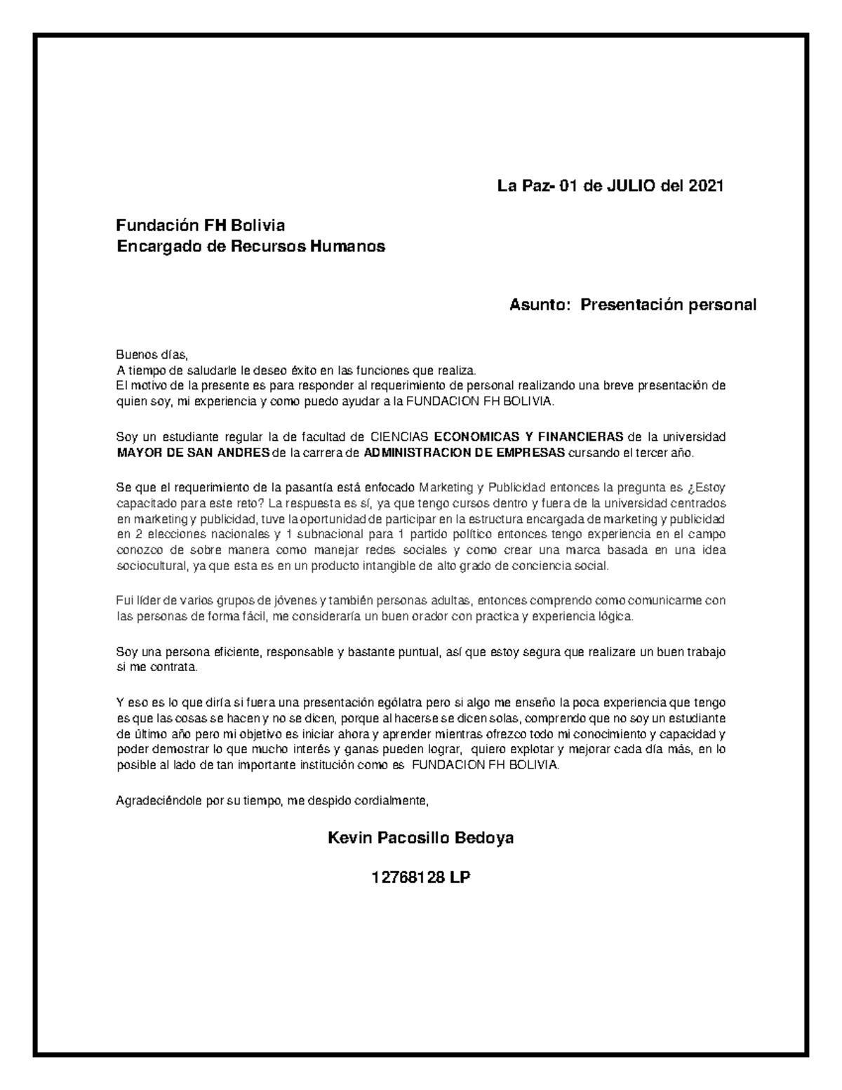 Carta DE Presentacion - La Paz- 01 de JULIO del 2021 Fundación FH ...