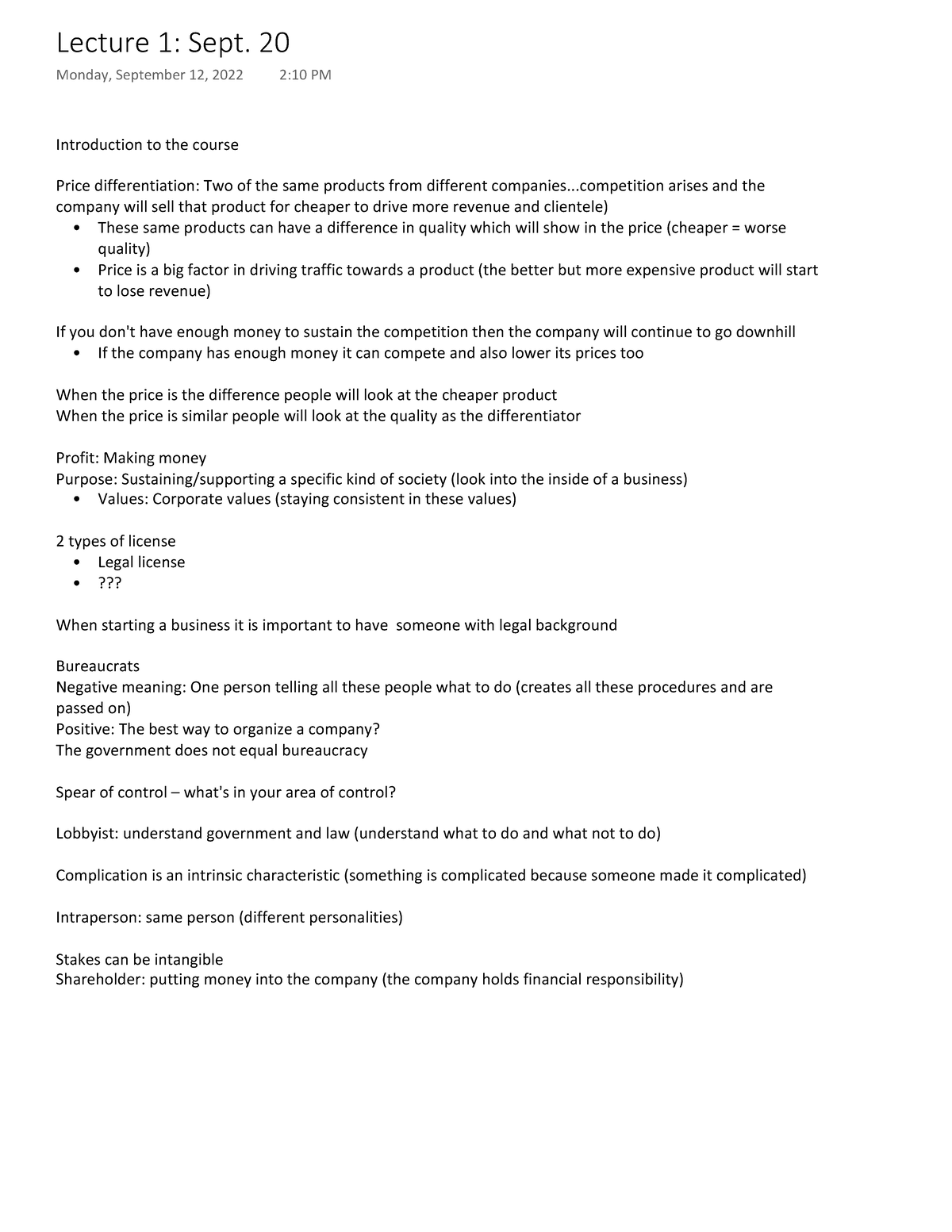 Lecture 1 Sept. 20 - Introduction to the course Price differentiation ...