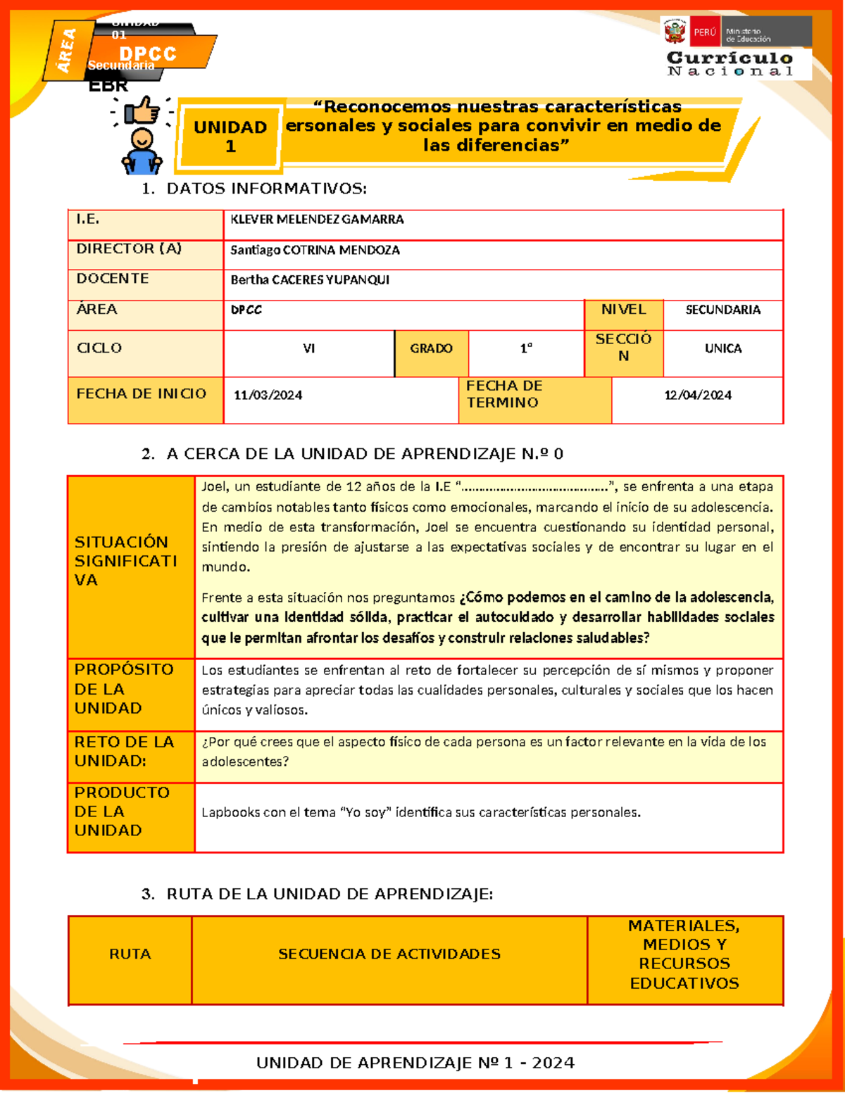 1º Unidad 1 DPCC -2024 - SESIONES DE PARENDISAJE - DPCC ####### ÁREA Secundaria EBR 01 1. DATOS ...
