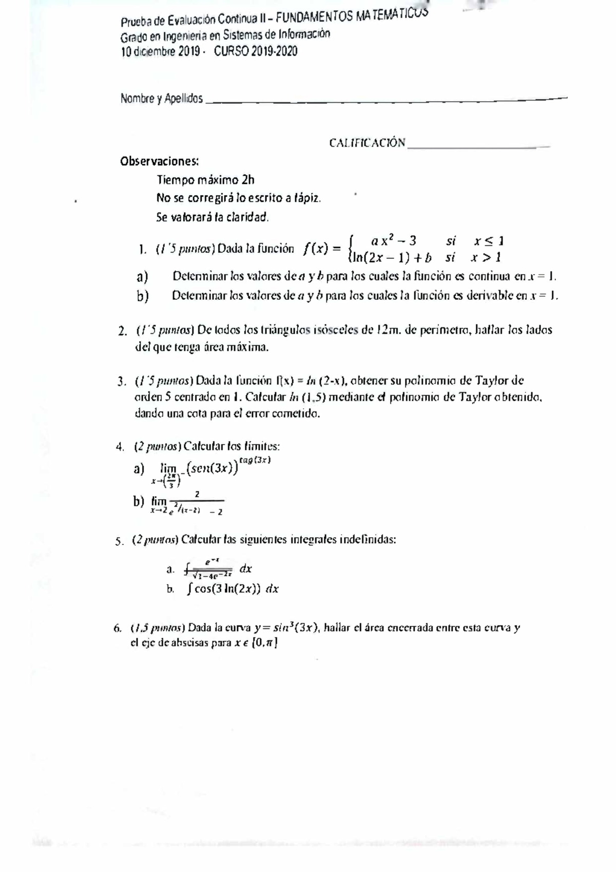 Examen práctica Matemáticas - Prueba de Evaluación Continua 11- FUNDAMENTOS MATEMATI琀贀 Grado en ...