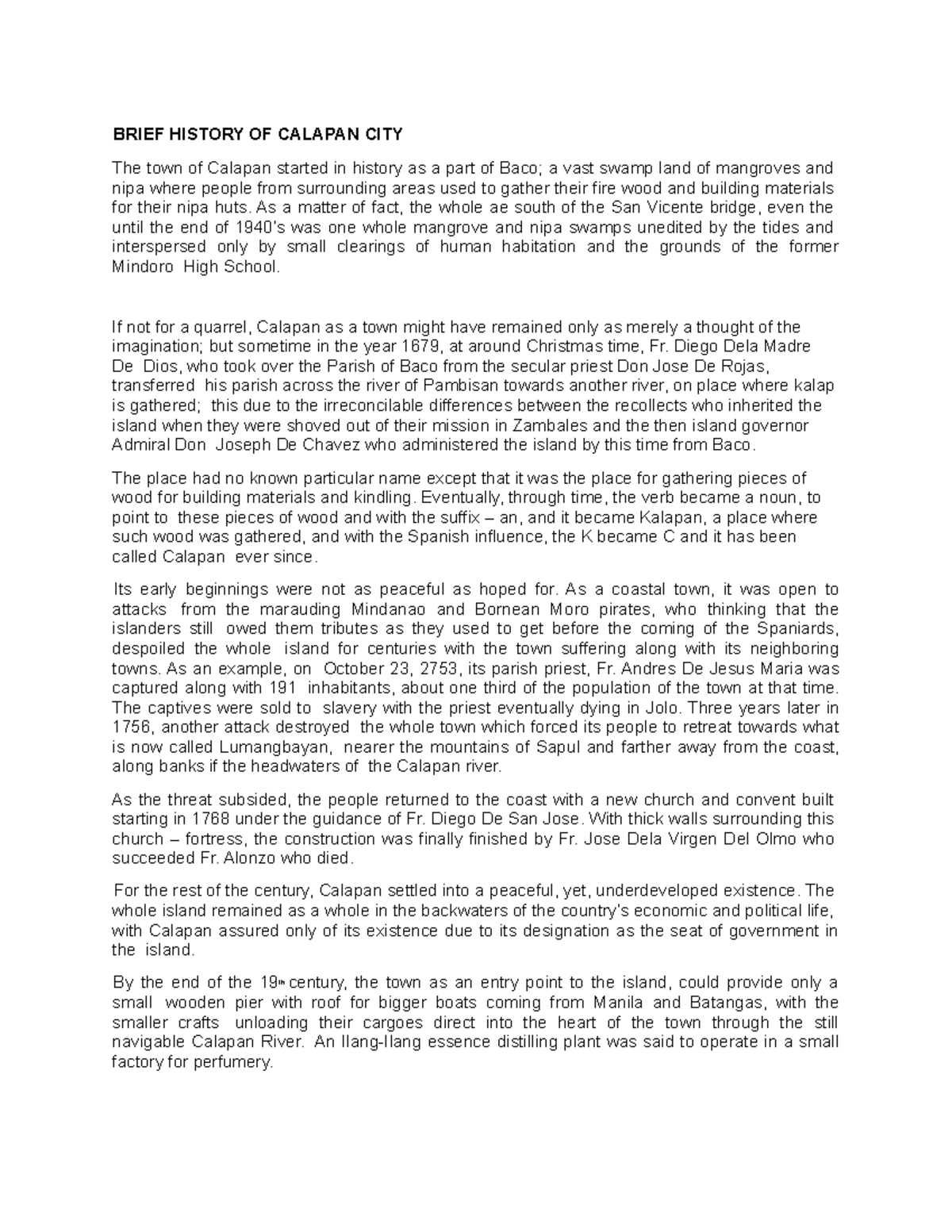 Brief History of a city - BRIEF HISTORY OF CALAPAN CITY The town of ...