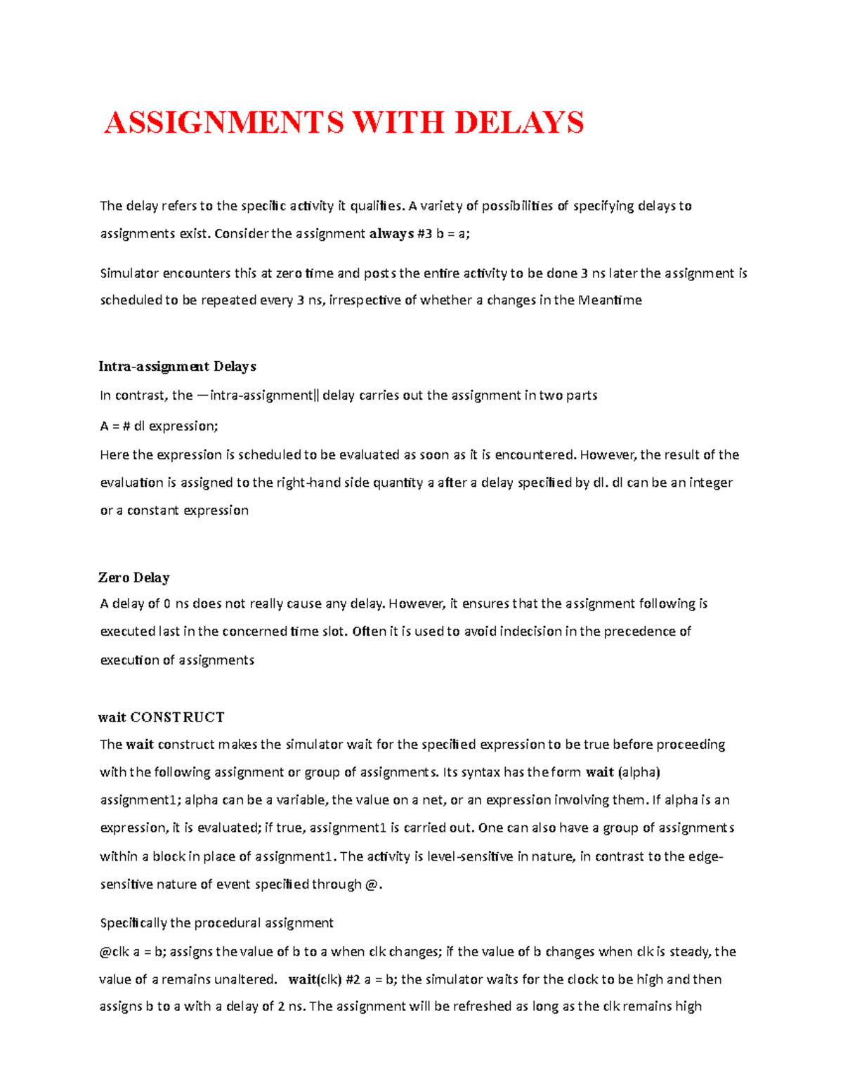 Assignments WITH Delays - ASSIGNMENTS WITH DELAYS The delay refers to ...