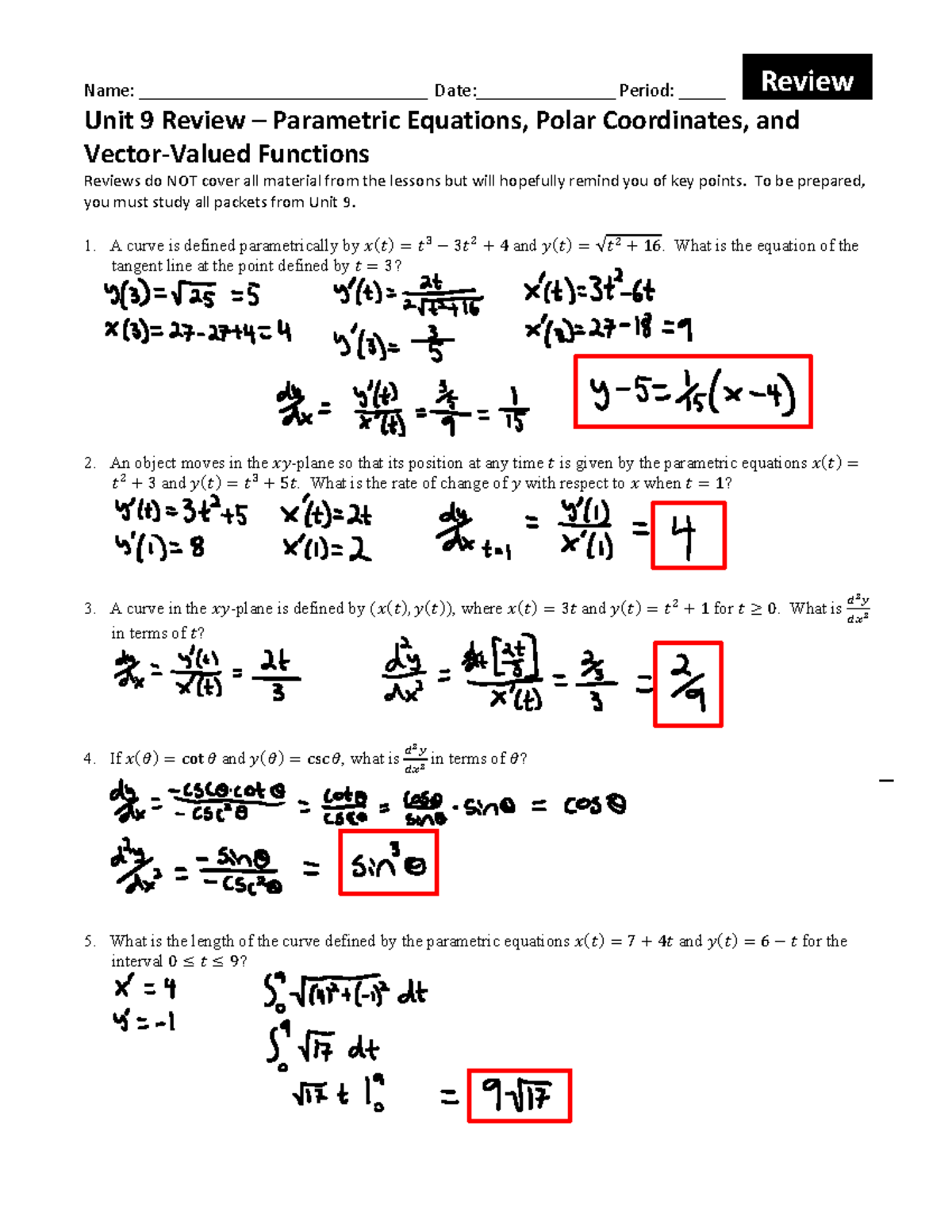 Unit 9 Review Solutions Name Date