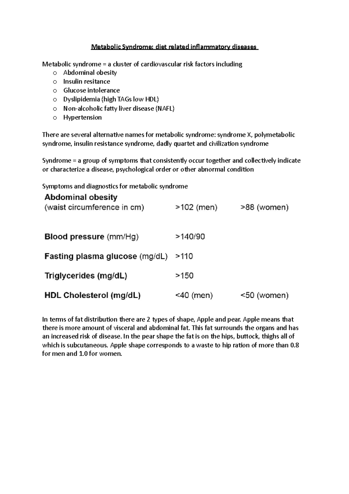 Lecture 4 Metabolic Syndrome - Metabolic Syndrome: diet related ...