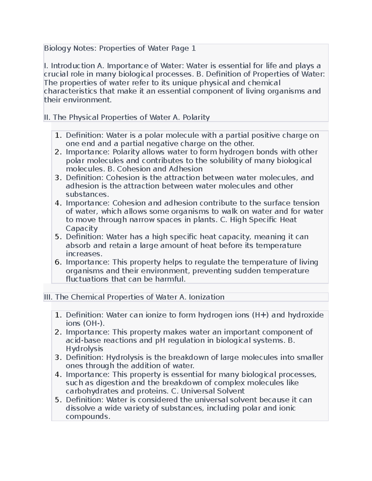 Water - notes - Biology Notes: Properties of Water Page 1 I ...