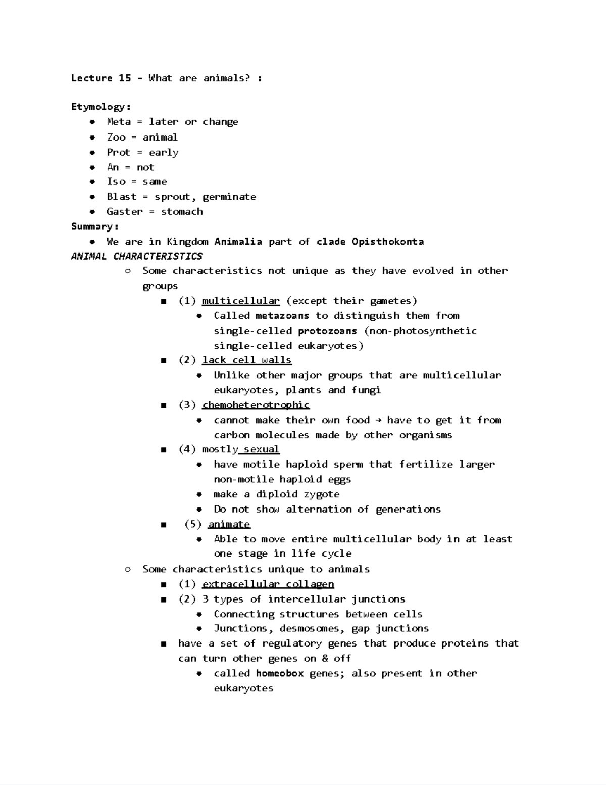 Lecture summary notes - Google Docs - Lecture 15 - What are animals ...