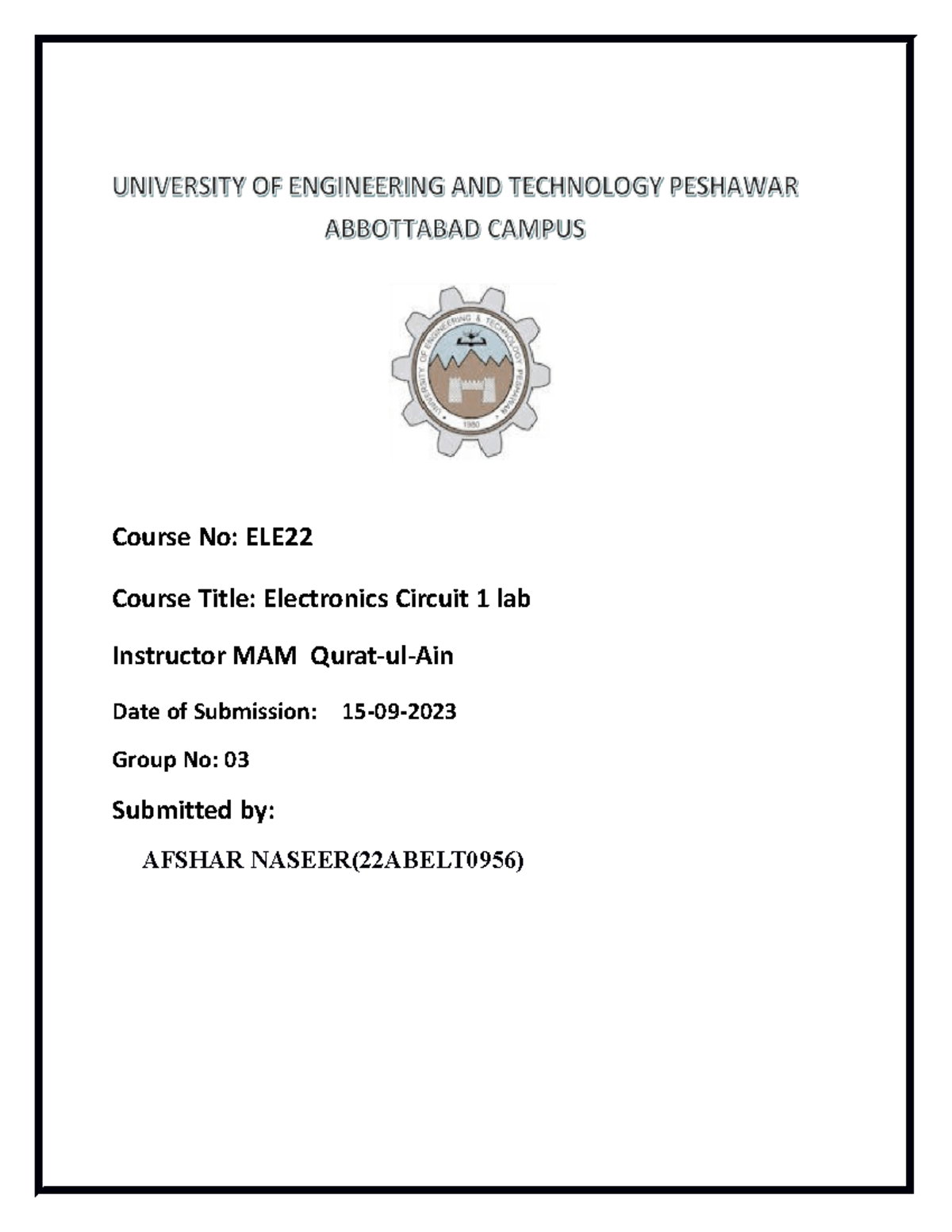 Lab 03 electronic - lab report - Course No: ELE Course Title ...