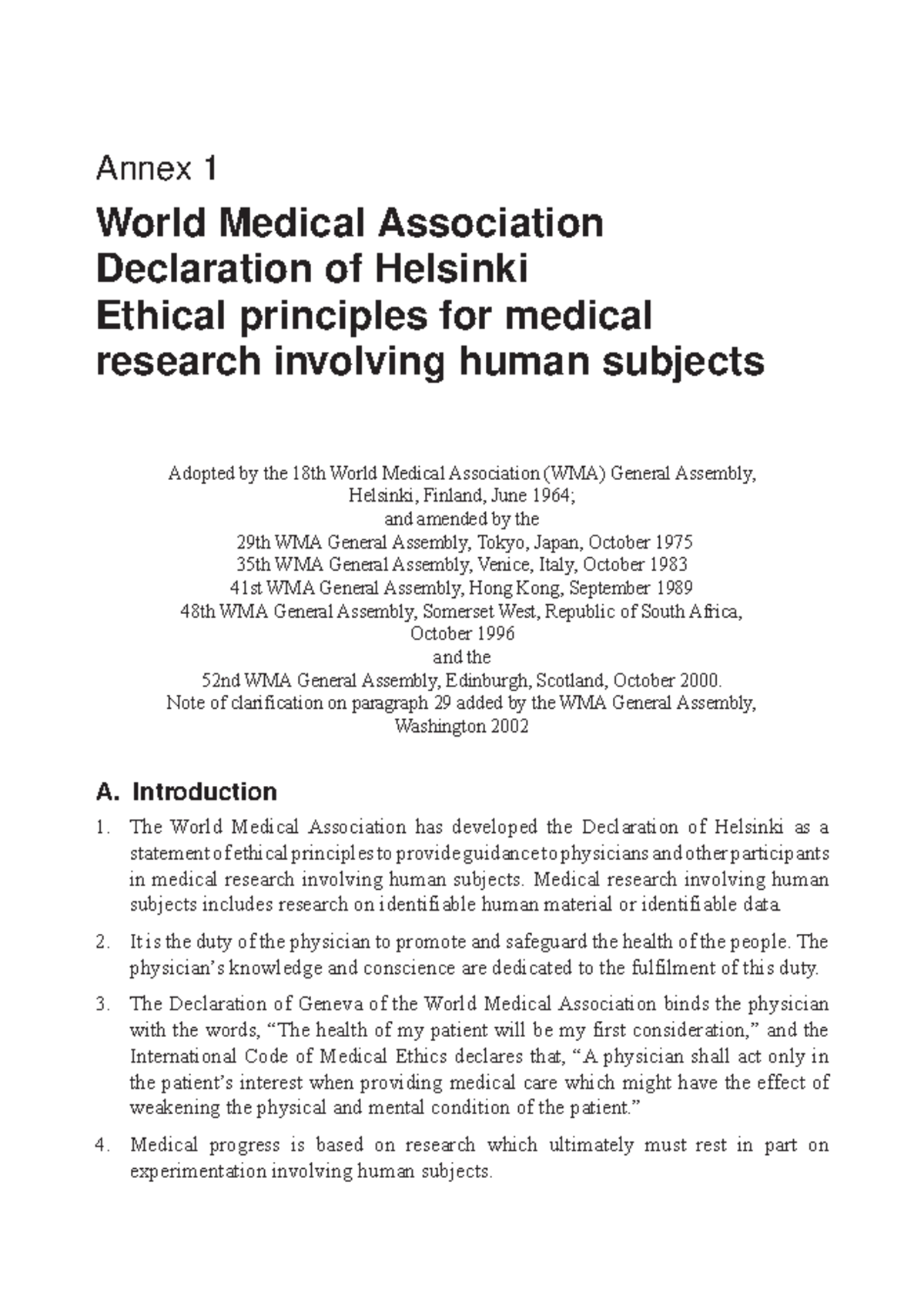 Medical research ethics - Annex 1 World Medical Association Declaration ...