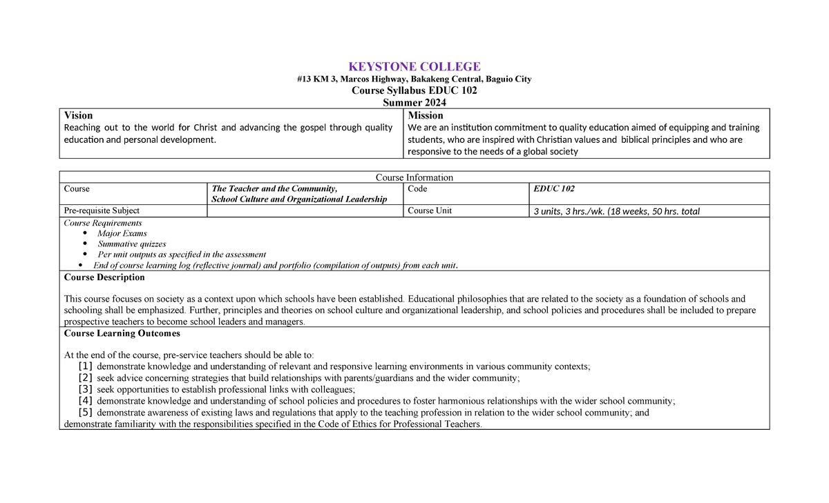 EDUC 102-The teacher and community.Done syllabi - KEYSTONE COLLEGE #13 ...