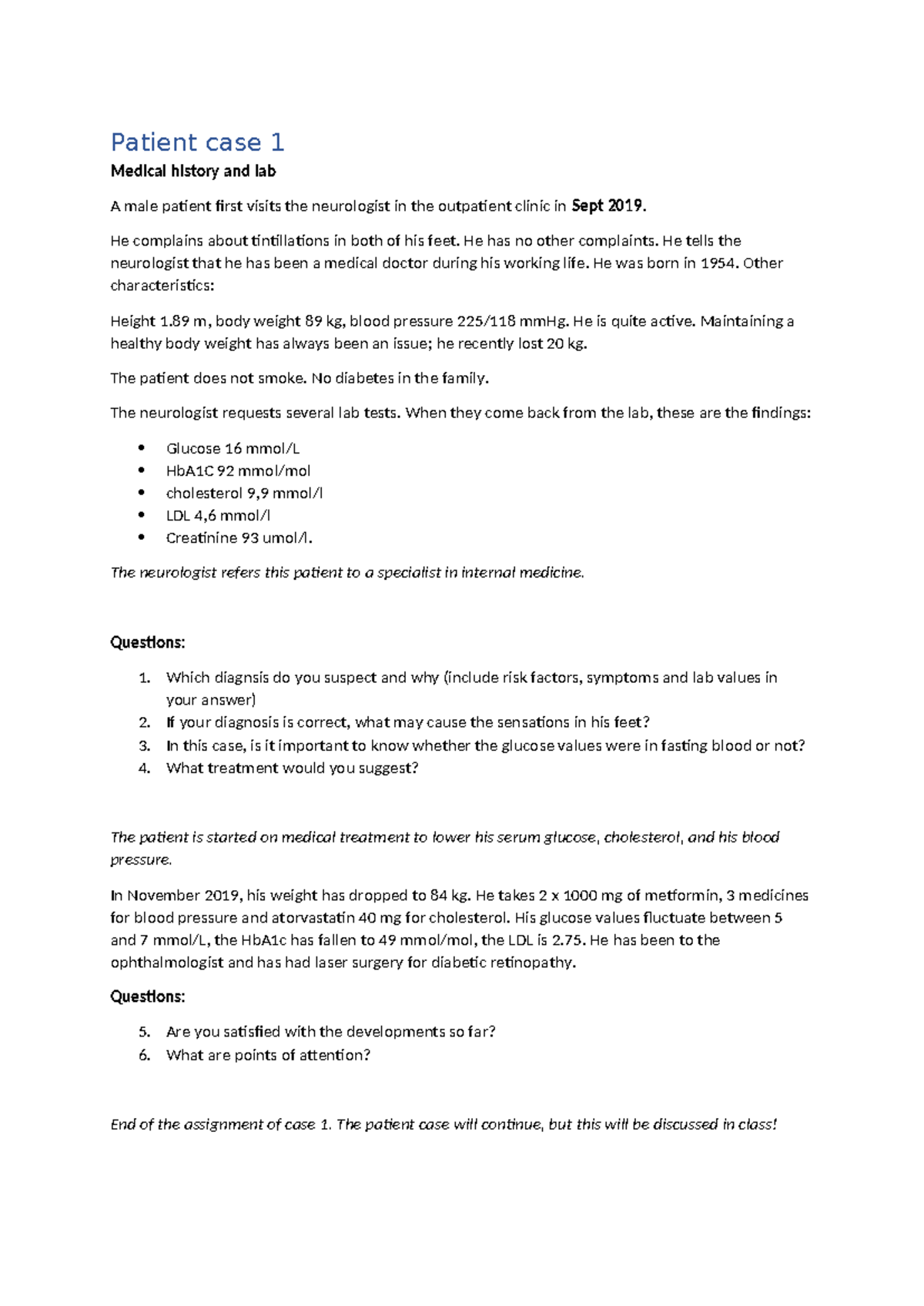 Patient case 1 and 2 - diabetes - Patient case 1 Medical history and ...