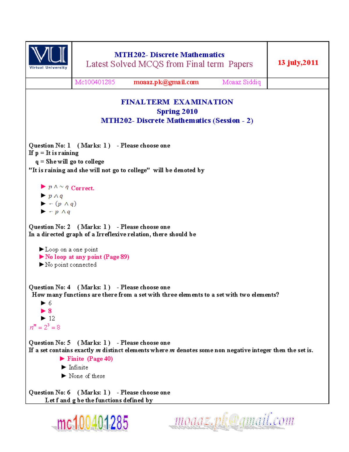 Mth202 Final Term Solved Mcqs With Reference By Moaaz Mth202 Discrete Mathematics Latest