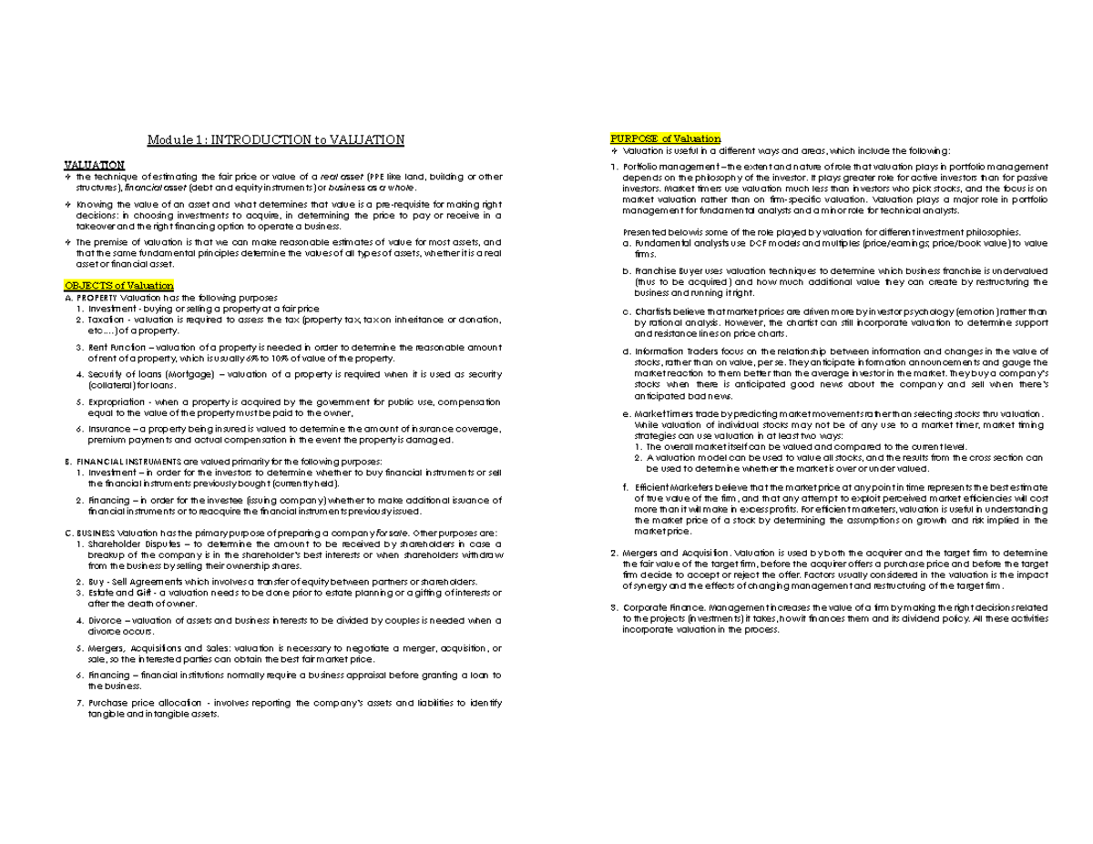 Module 2: Intrinsic Valuation - VALUATION Module 1 : INTRODUCTION to VALUATION the technique of ...