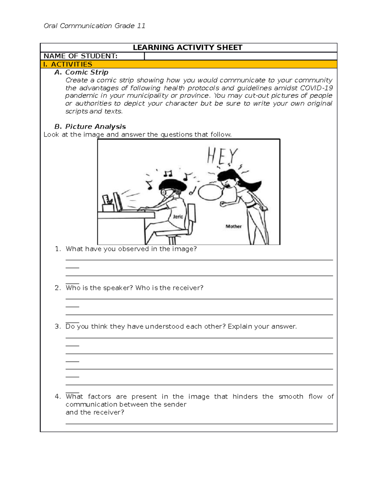 W1-W3 - none - Oral Communication Grade 11 LEARNING ACTIVITY SHEET NAME OF STUDENT: I ...