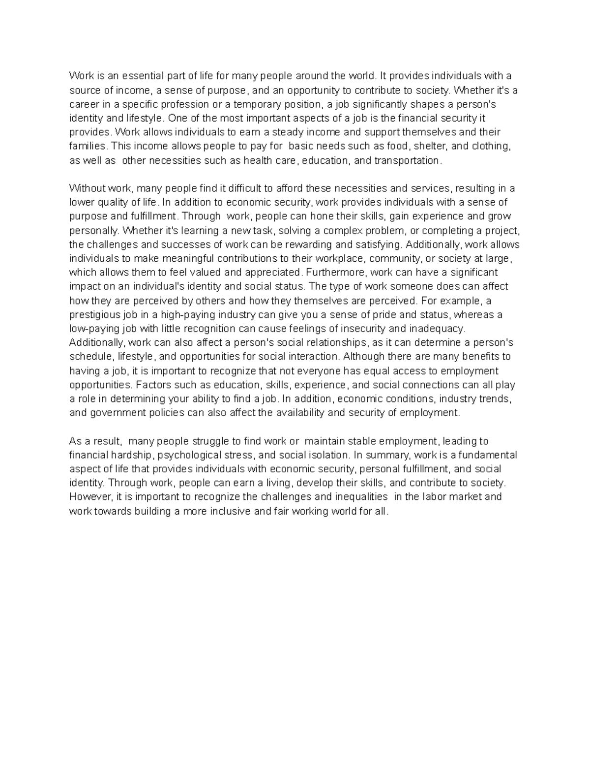 Service - essay - Work is an essential part of life for many people ...