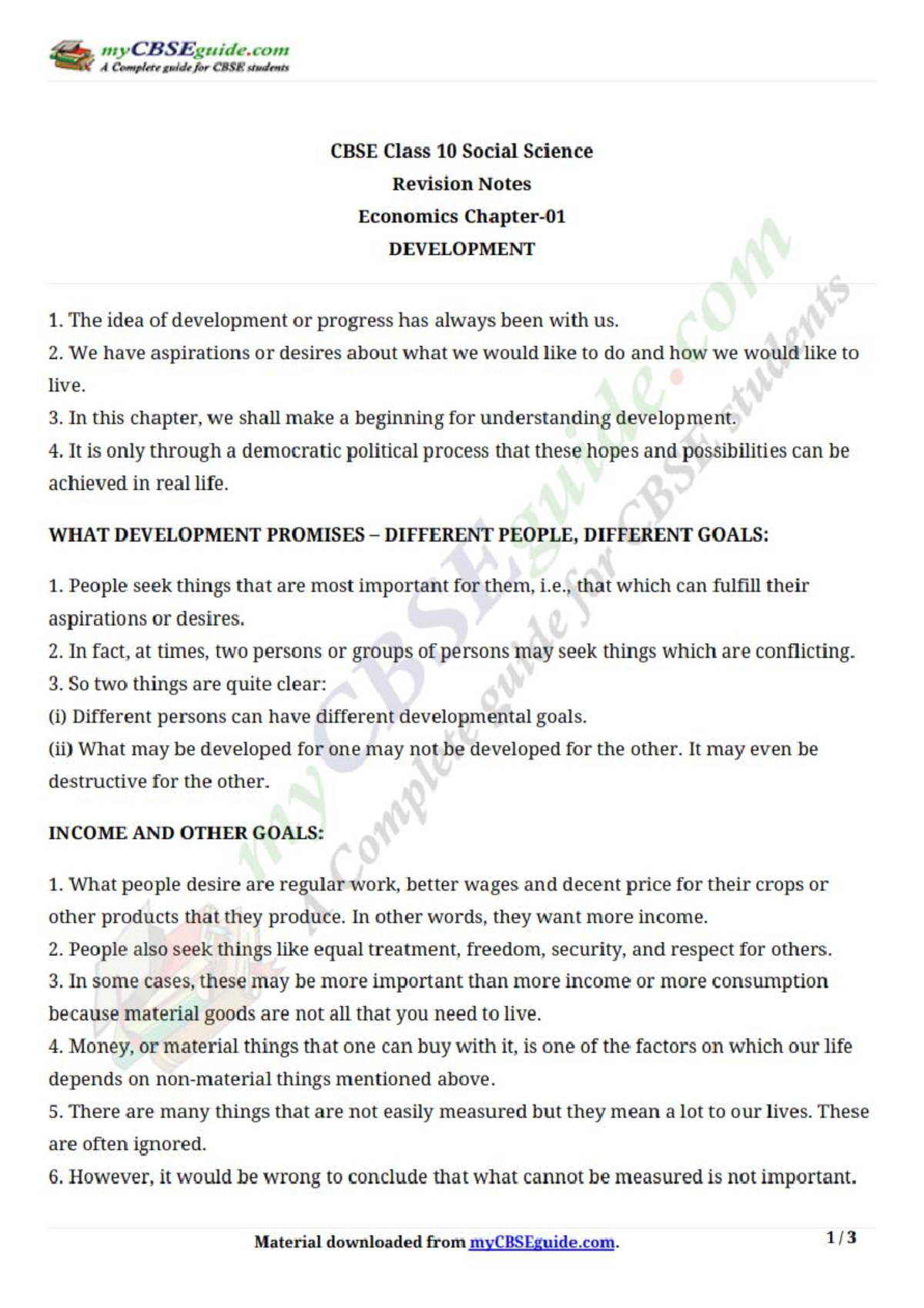 10 social science economics revision notes ch1 - CBSEguide A Complete ...