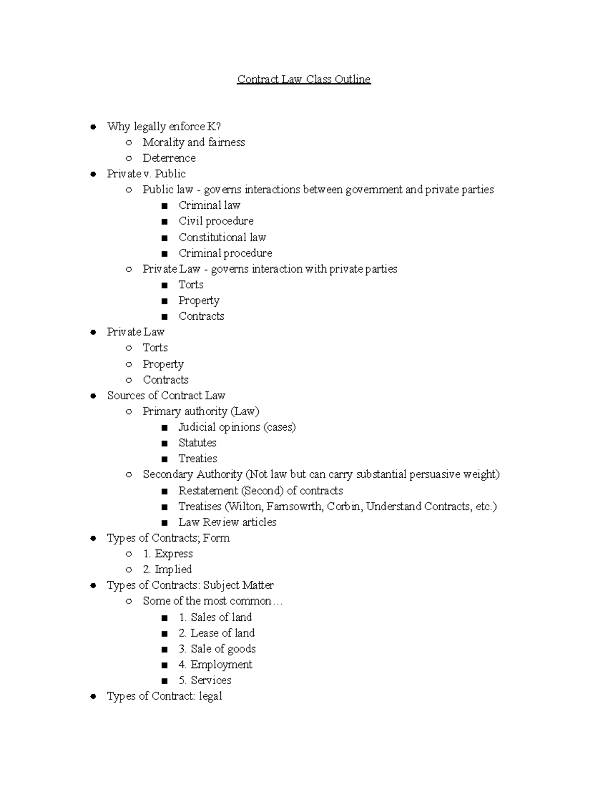 Contract Outline - Contract Law Class Outline Why legally enforce K ...