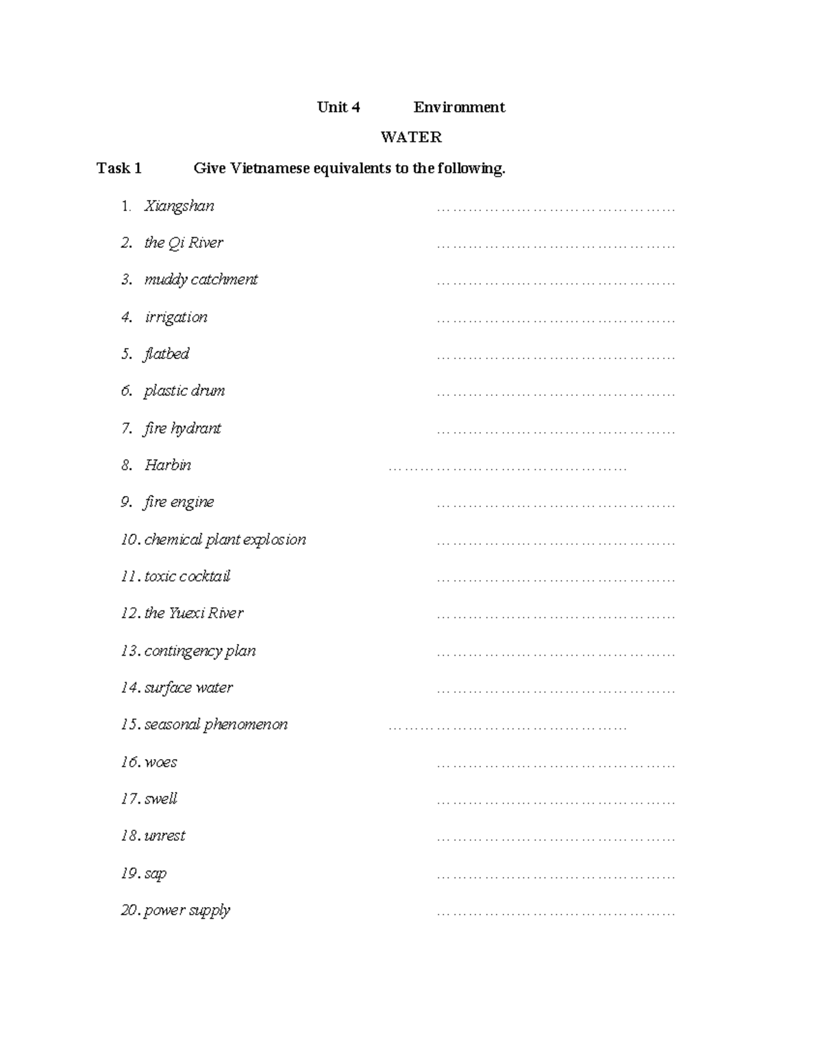 Water Translation 1 Topic 4 - Unit 4 Environment WATER Task 1 Give ...