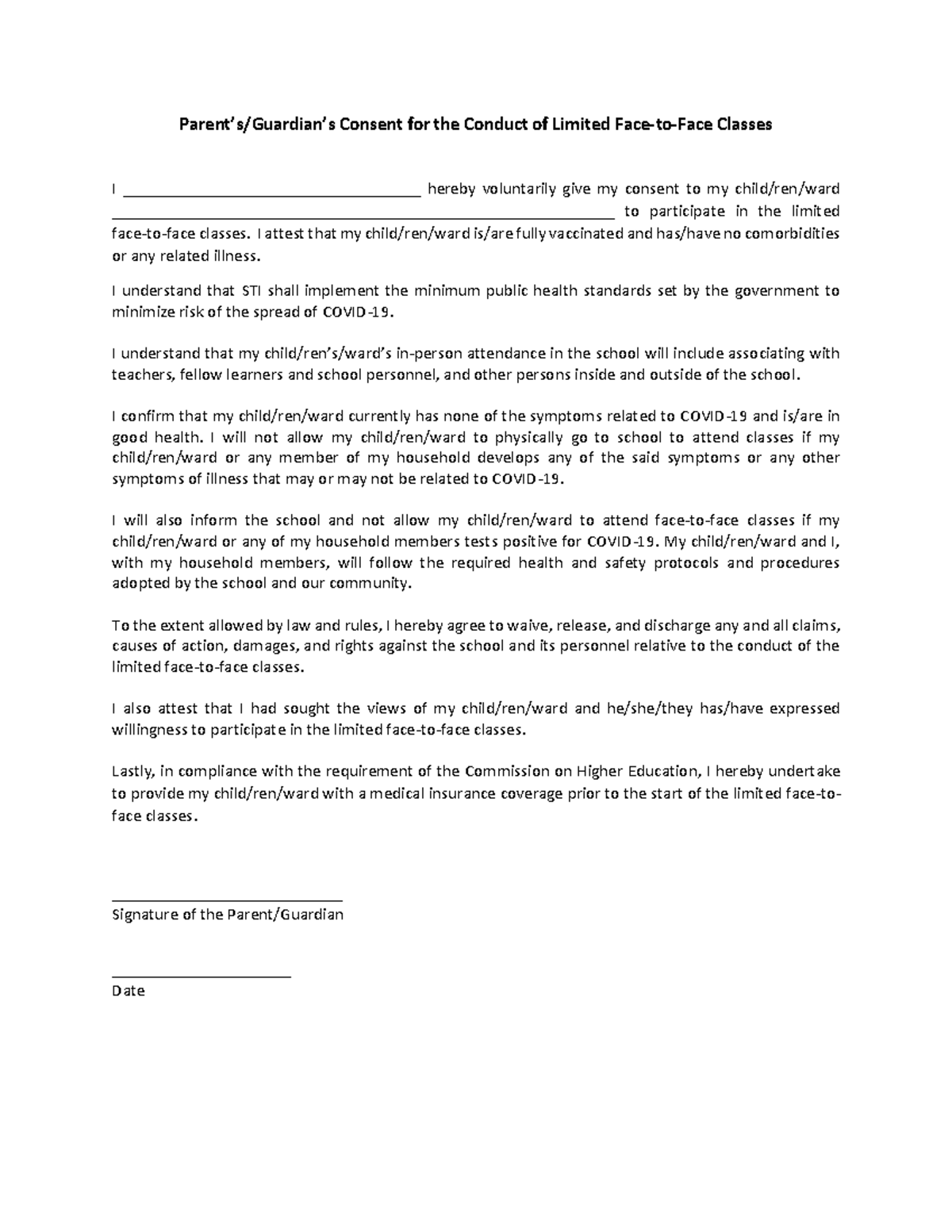 Parent's Guardian's Consent for the Conduct of Limited Face-to-Face ...