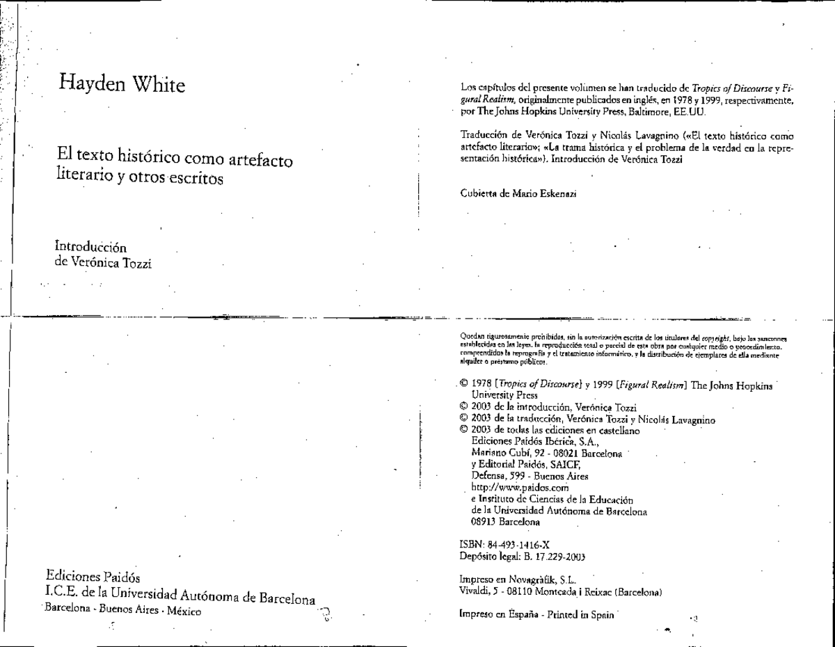 White Hayden El texto historico como artefacto literario - Hayden White ...