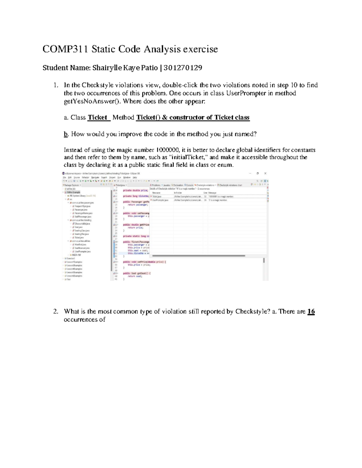 Checkstyle_LAB5 - COMP311 Static Code Analysis exercise Student Name: Shairylle Kaye Patio ...