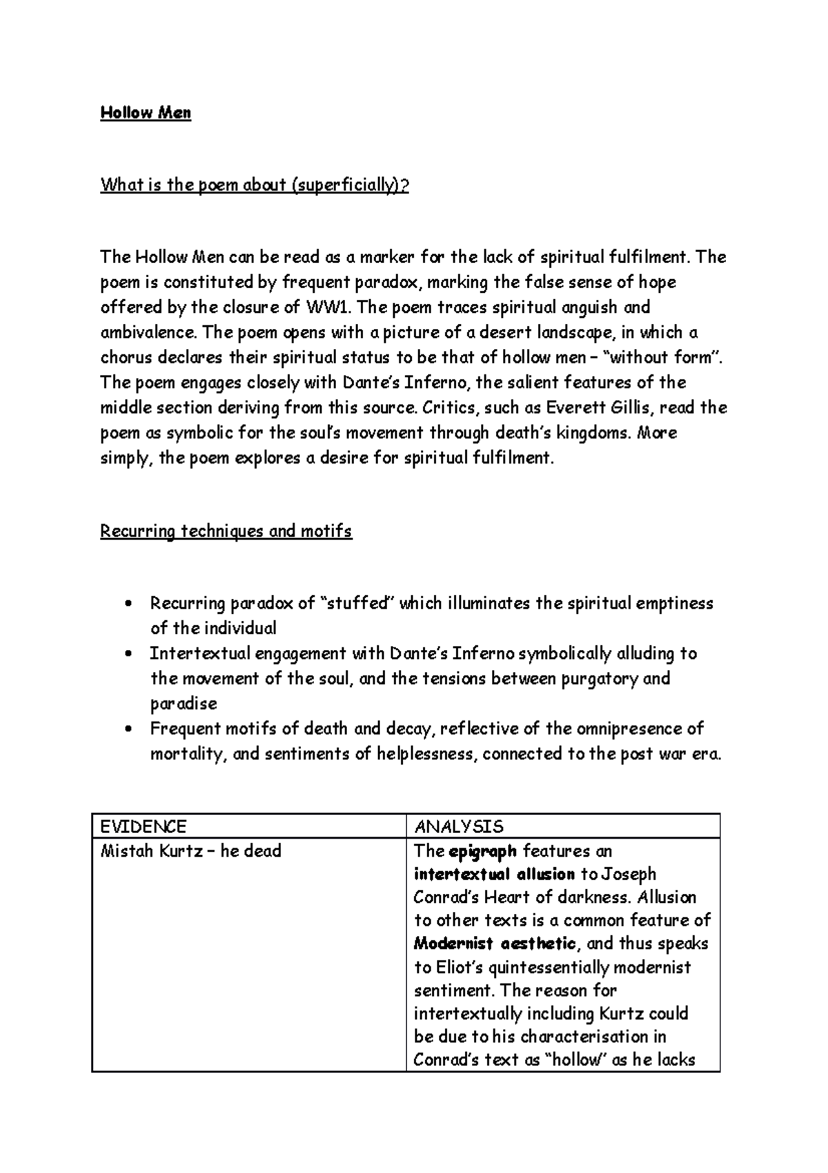 Hollow Men analysis table - Hollow Men What is the poem about ...