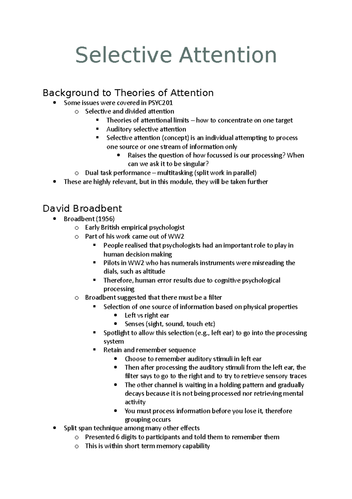 Selective Attention - Lecture notes 8 - Selective Attention Background ...