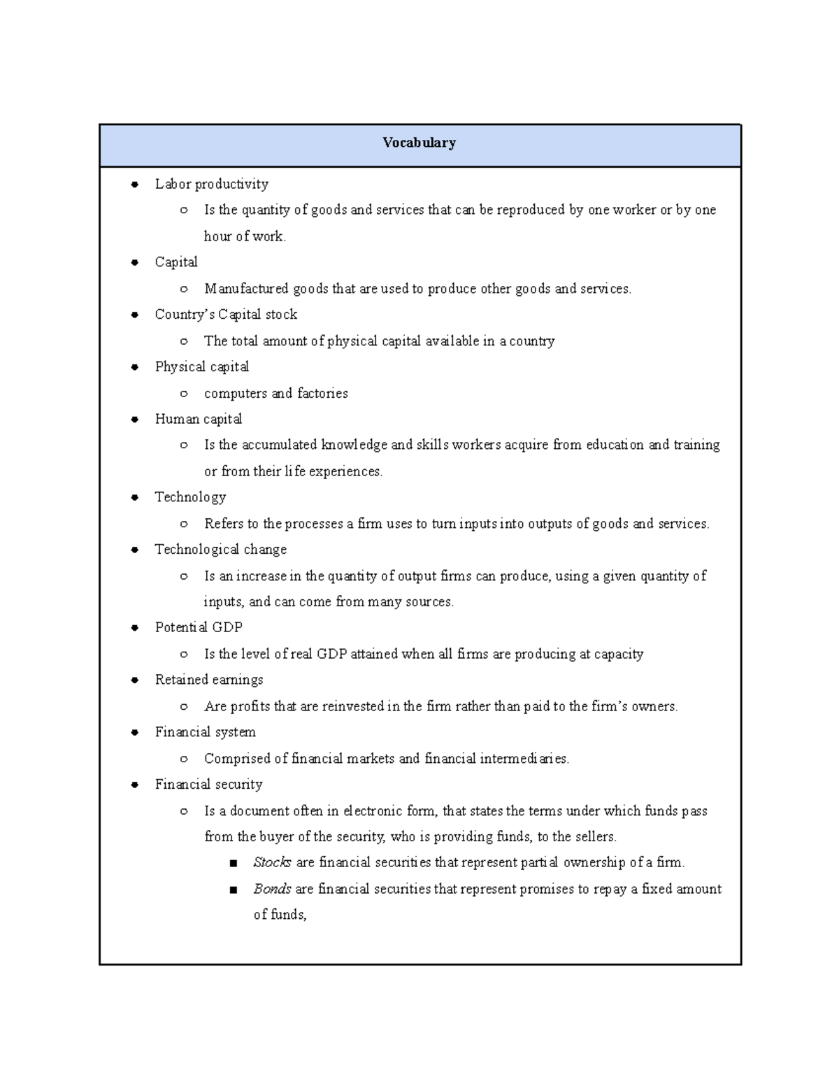 ECON; Chapter 10 Notes - key concepts - Vocabulary Labor productivity ...