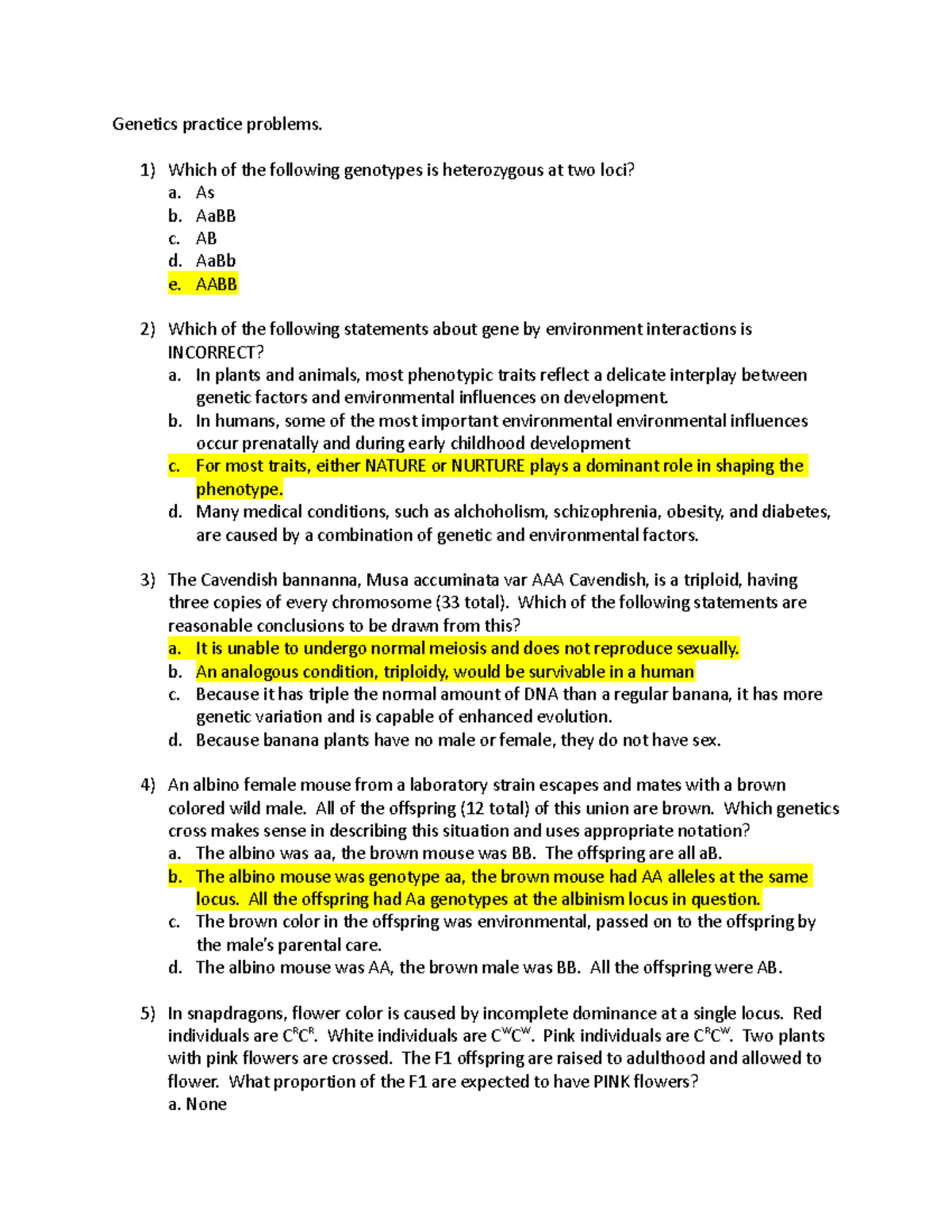 Genetics practice problems Week 5 - Genetics practice problems. 1 ...