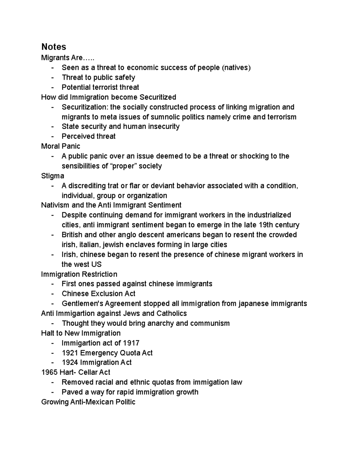 Immigration Last Slides Notes - Notes Migrants Are..... - Seen as a ...