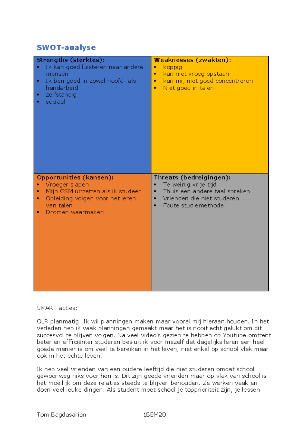 SWOT - swot analyse - SWOT-analyse Strengths (sterktes): Ik kan goed ...