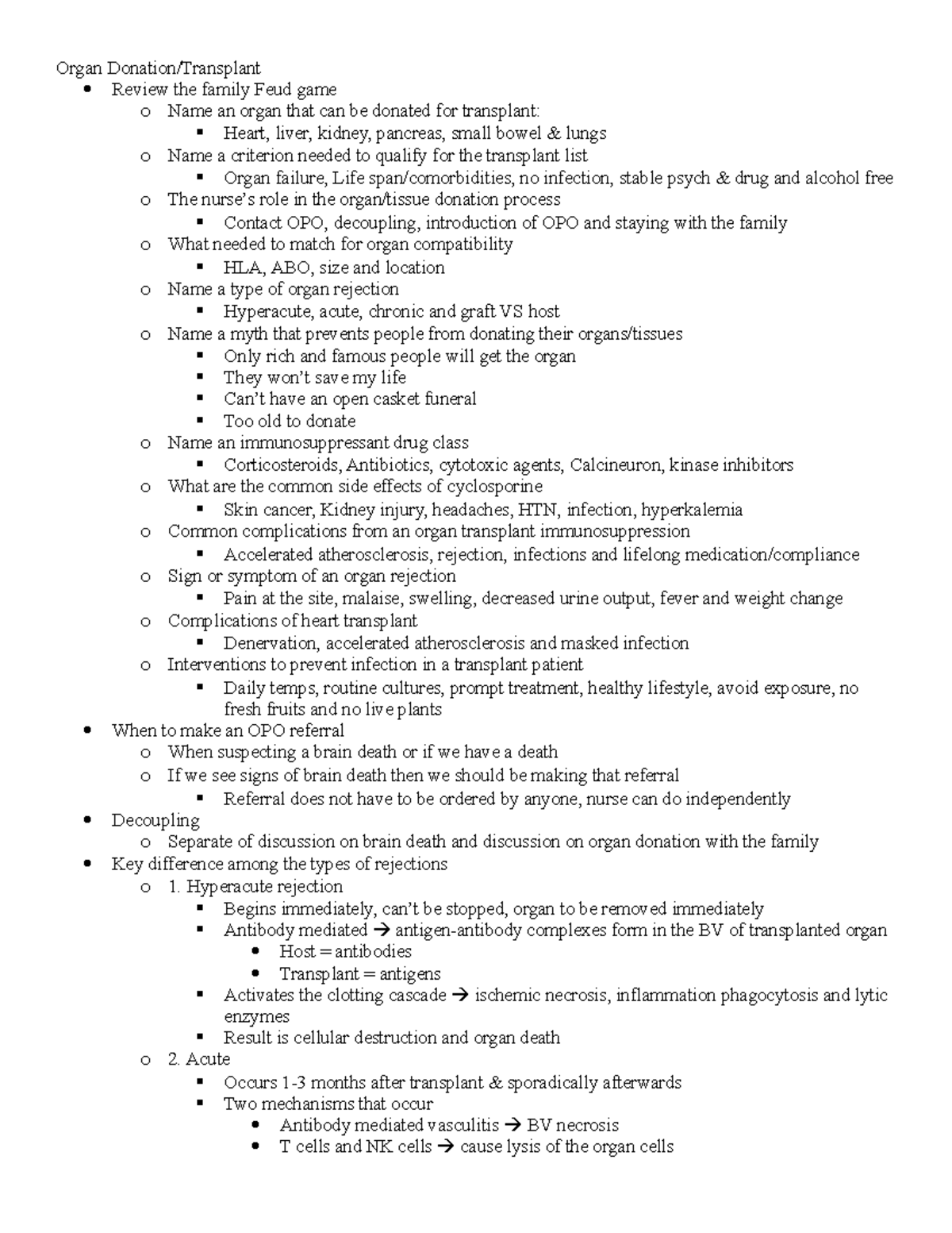 Test 5 Review include neuro evaluation - Organ Donation/Transplant ...
