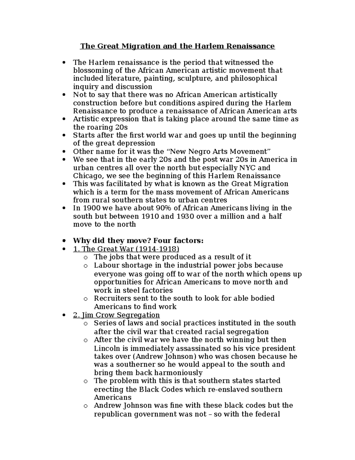 The Great Migration and the Harlem Renaissance - The Great War (1914 ...