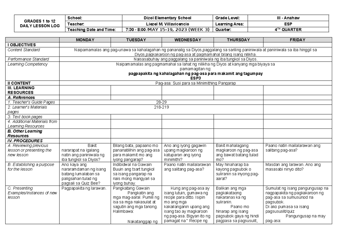 Week 3 - lesson log - GRADES 1 to 12 DAILY LESSON LOG School: Dizol ...