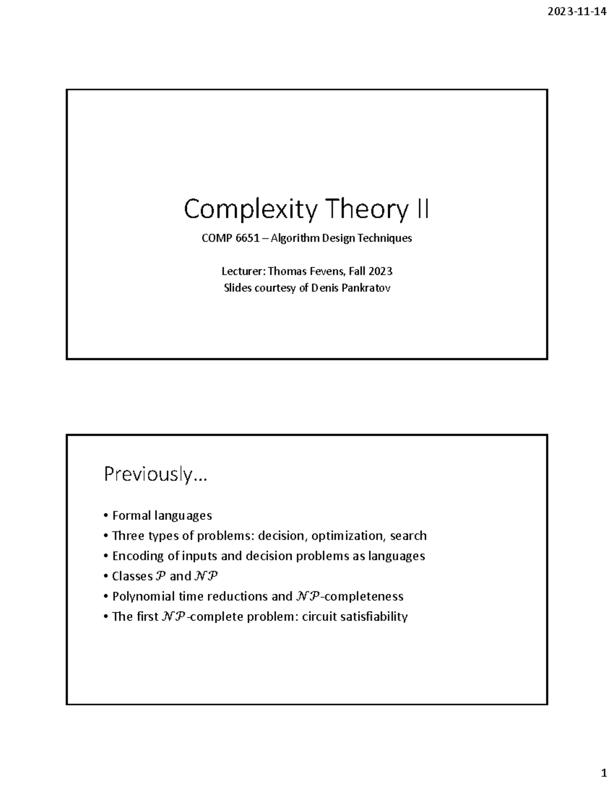 Week 12 - NOTES - Complexity Theory II COMP 6651 – Algorithm Design ...