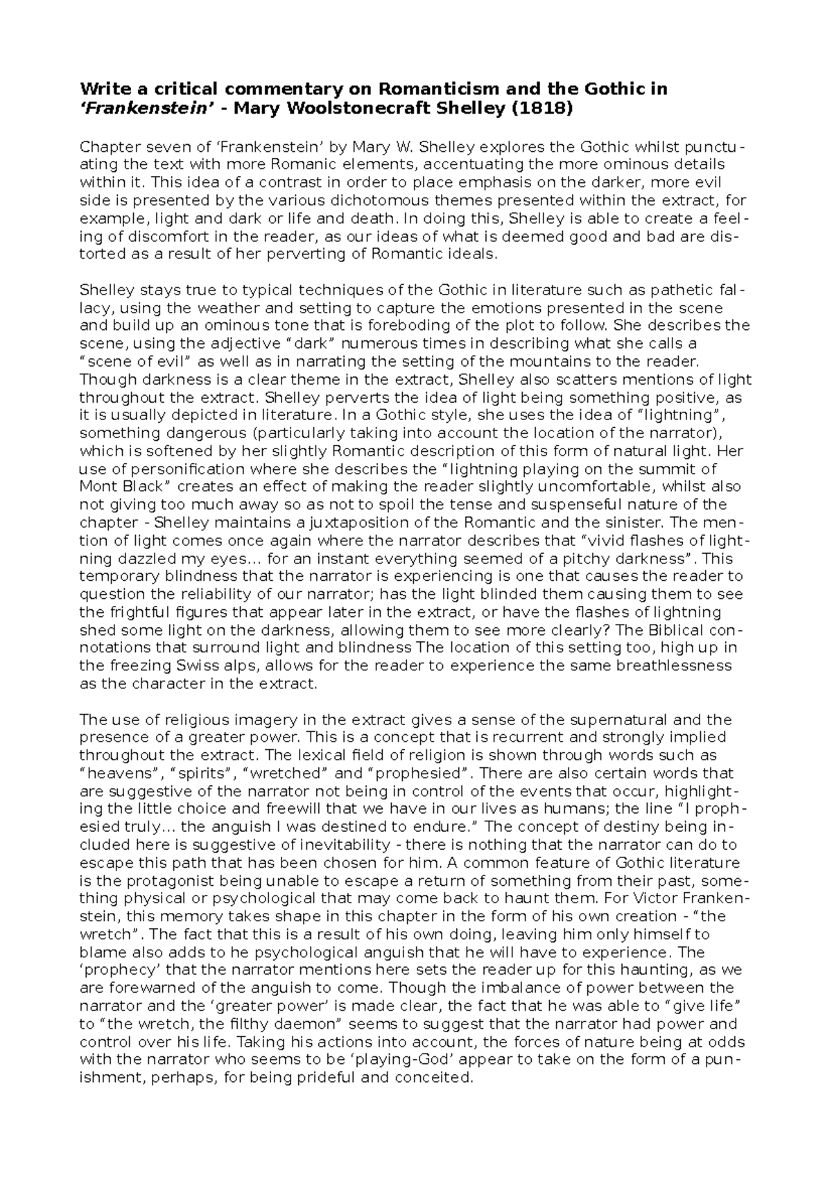 Write a critical commentary on Romanticism and the Gothic in ...