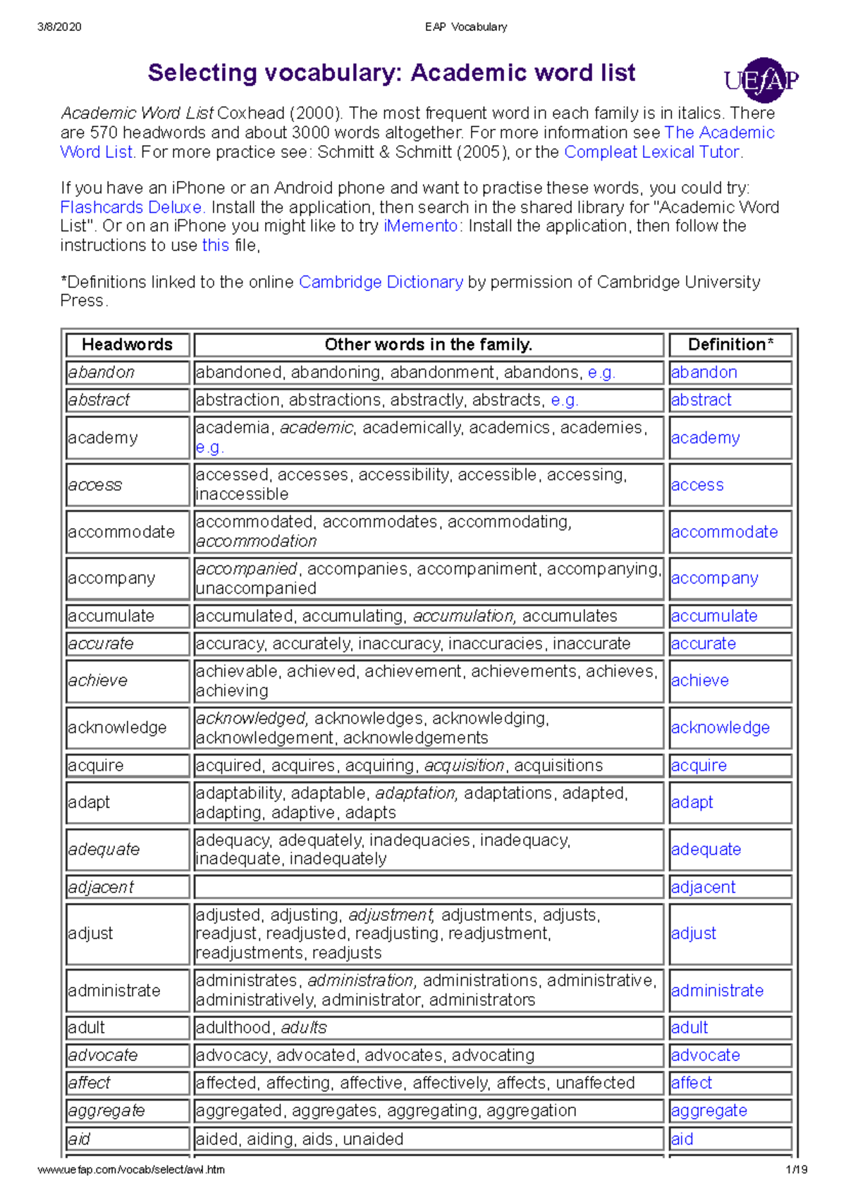 EAP Vocabulary - Week 1 course content - Selecting vocabulary: Academic ...