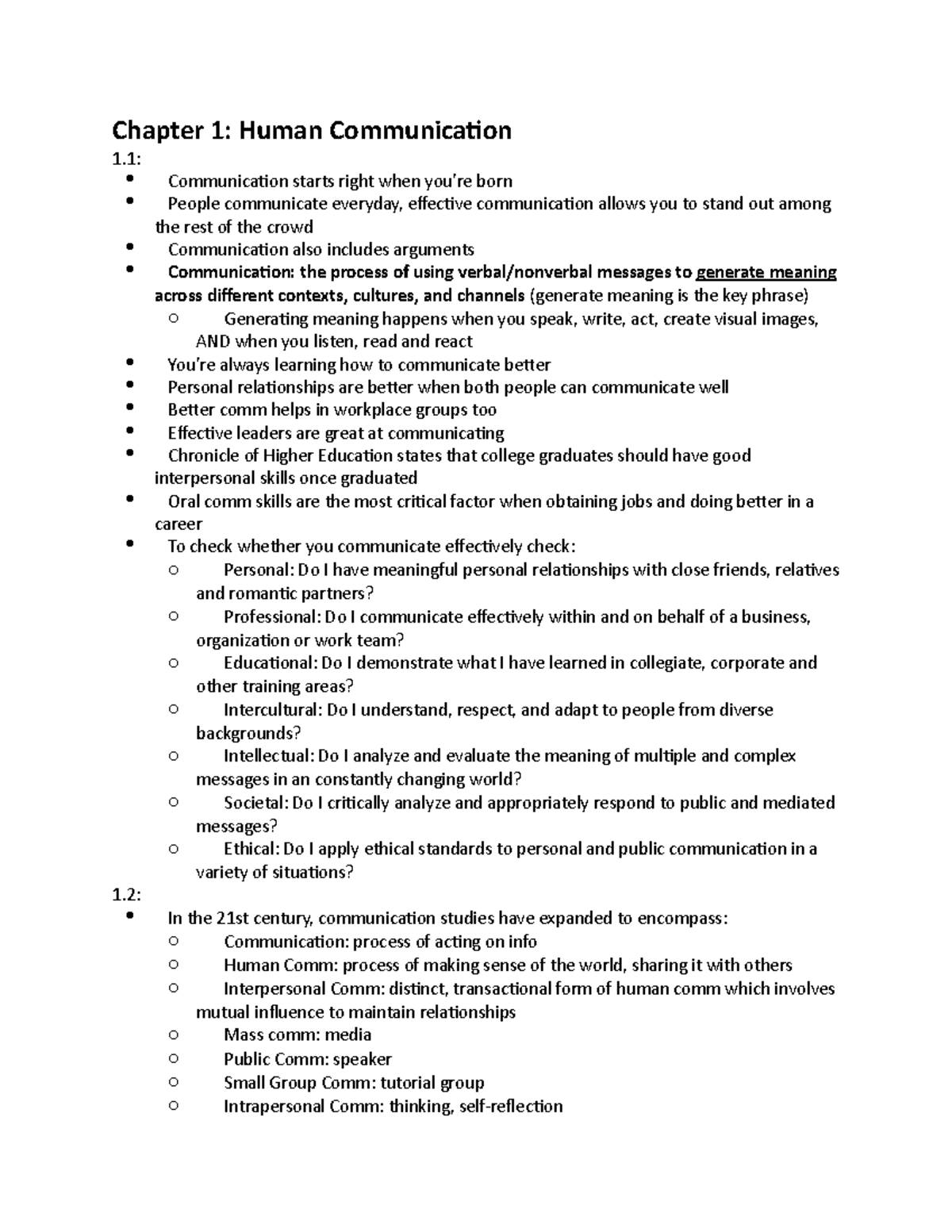 Quiz Notes Chapters 1-3 - Chapter 1: Human Communicaion 1: Communicaion ...