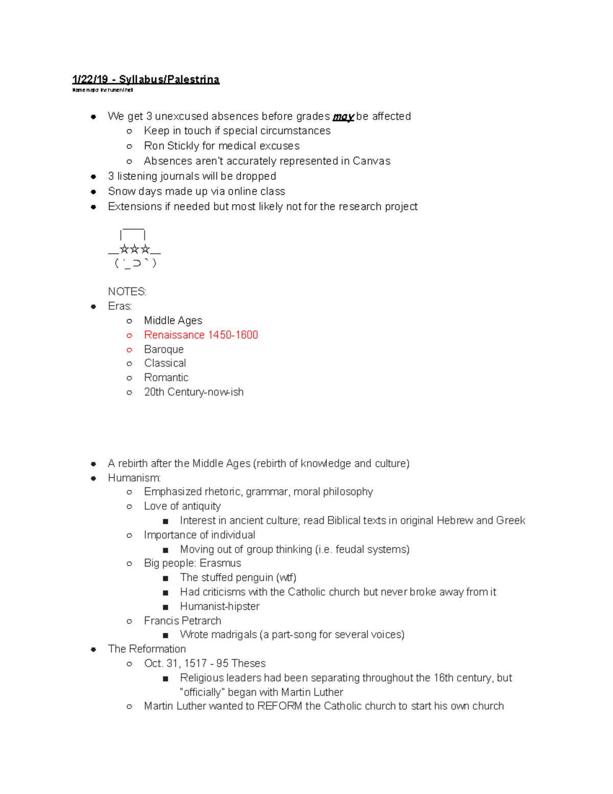 Core Western Music History I - 1/22/19 - Syllabus/Palestrina Name major ...