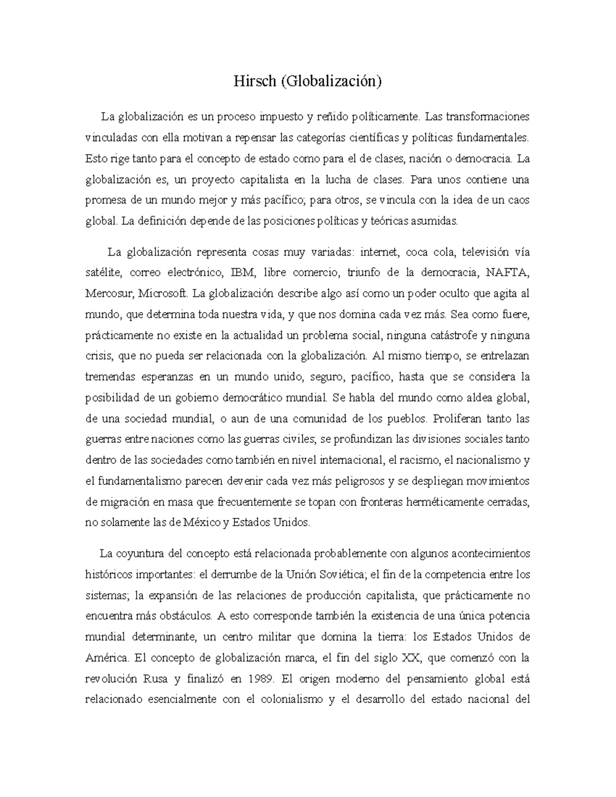 Hirsch (Globalización) - Hirsch (Globalización) La globalización es un ...
