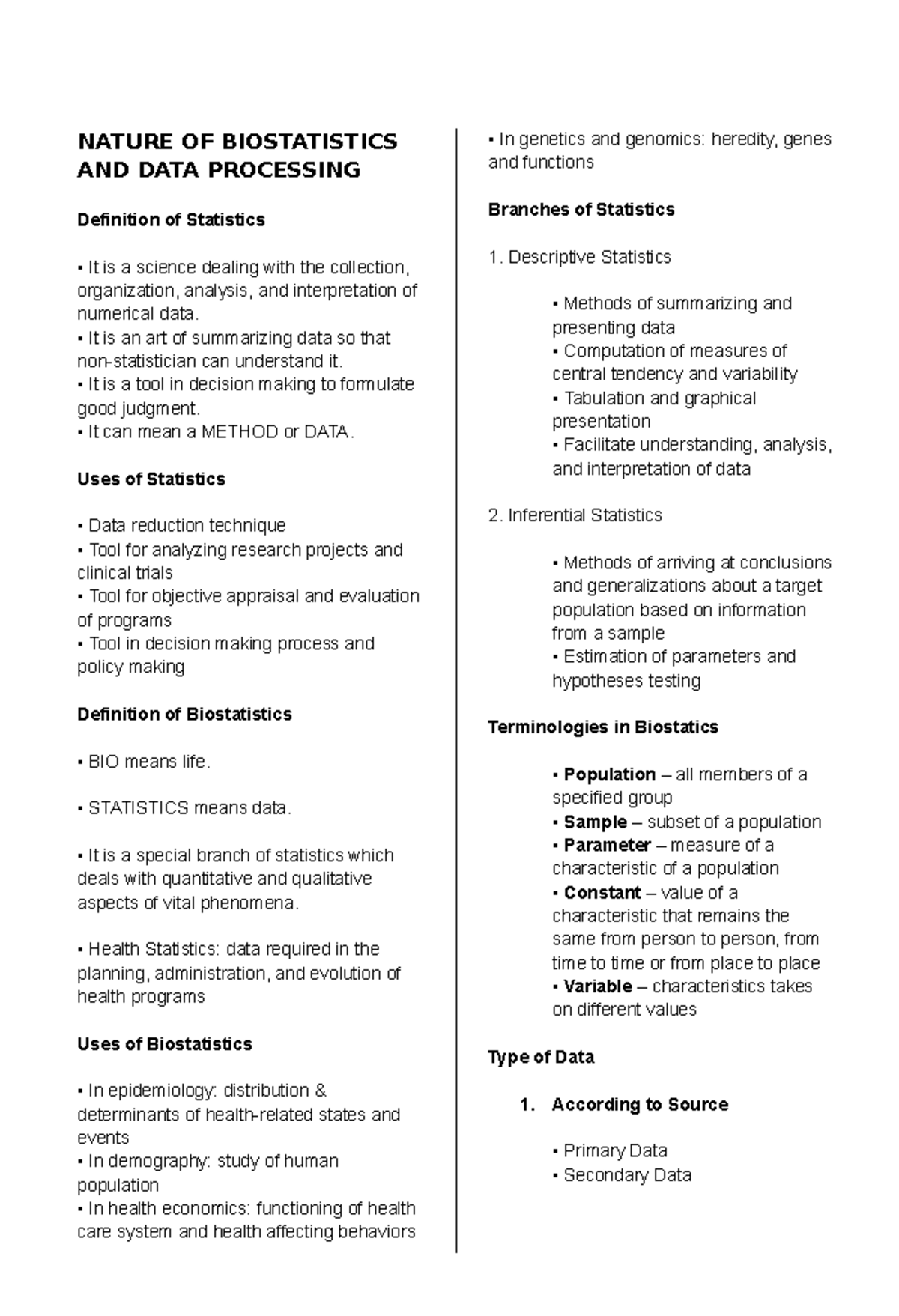 BIOE211 Trans - lecture notes - NATURE OF BIOSTATISTICS AND DATA ...